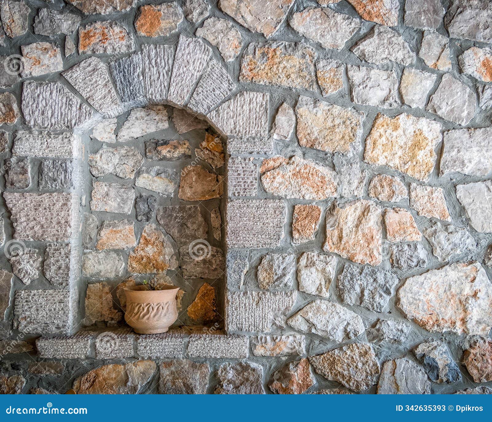 A Stonewall with an Arched Frame Shape Cavity and Ceramic Pot, Rough ...