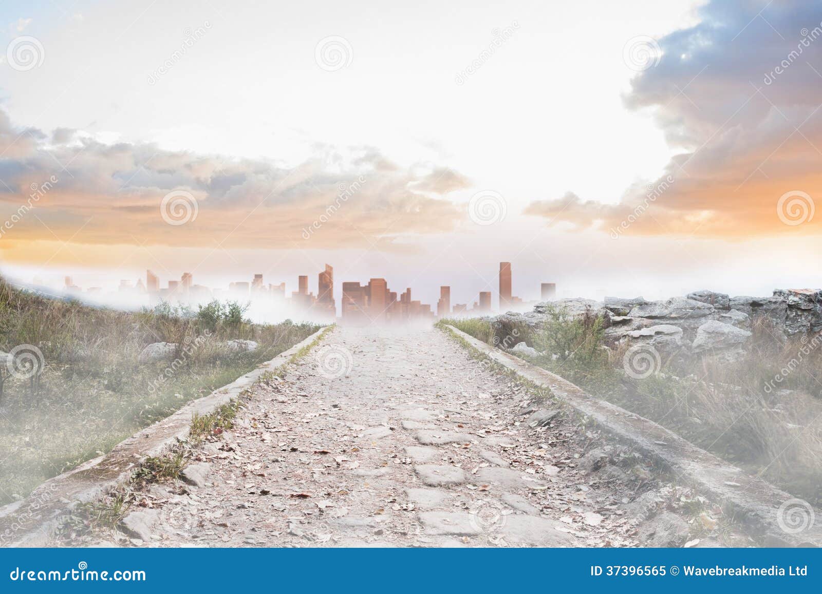 Stony path leading to city stock illustration. Illustration of horizon ...
