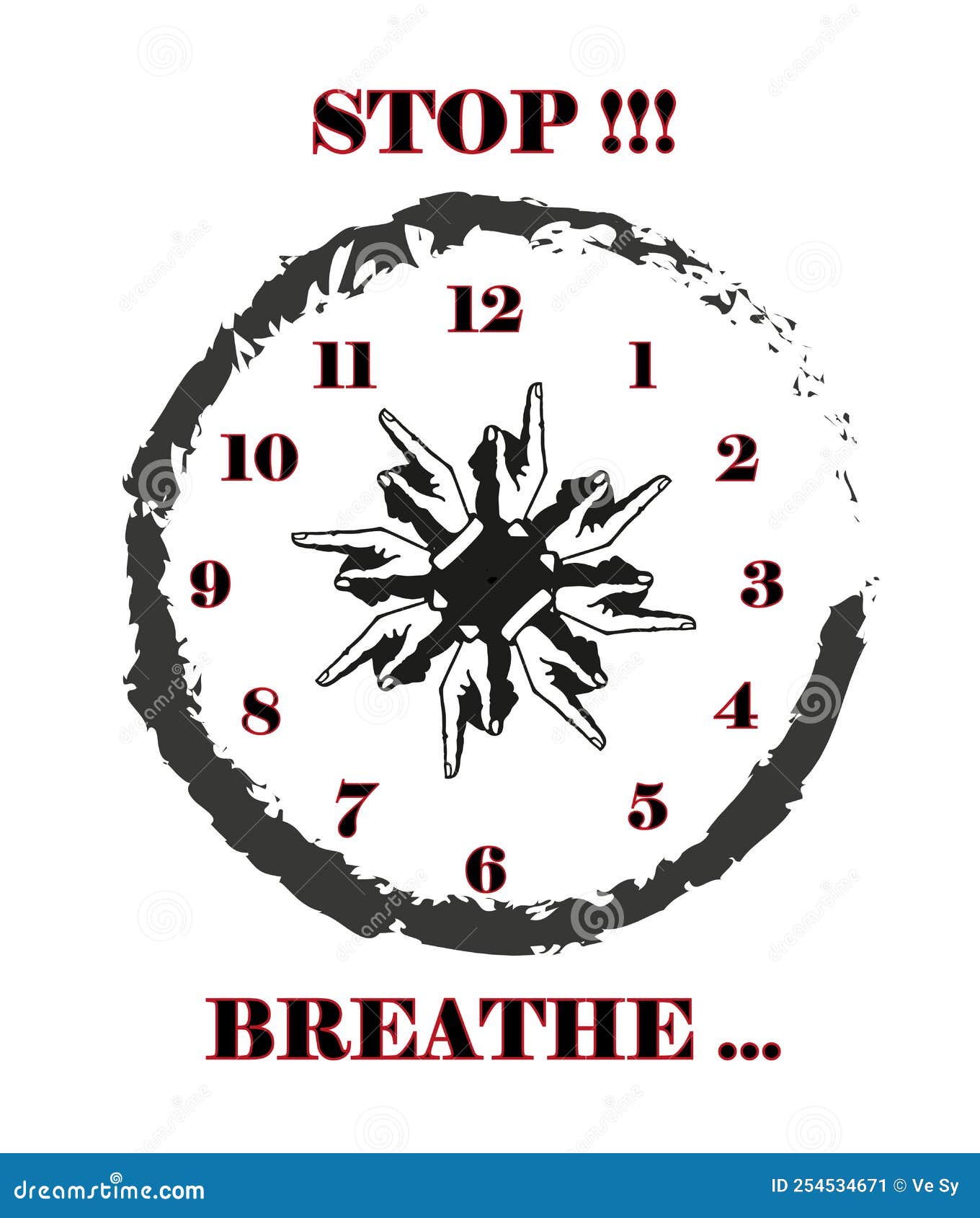 STOP and BREATHE ROUND CLOCK POINTING FINGERS ILLUSTRATION DESIGN Stock ...