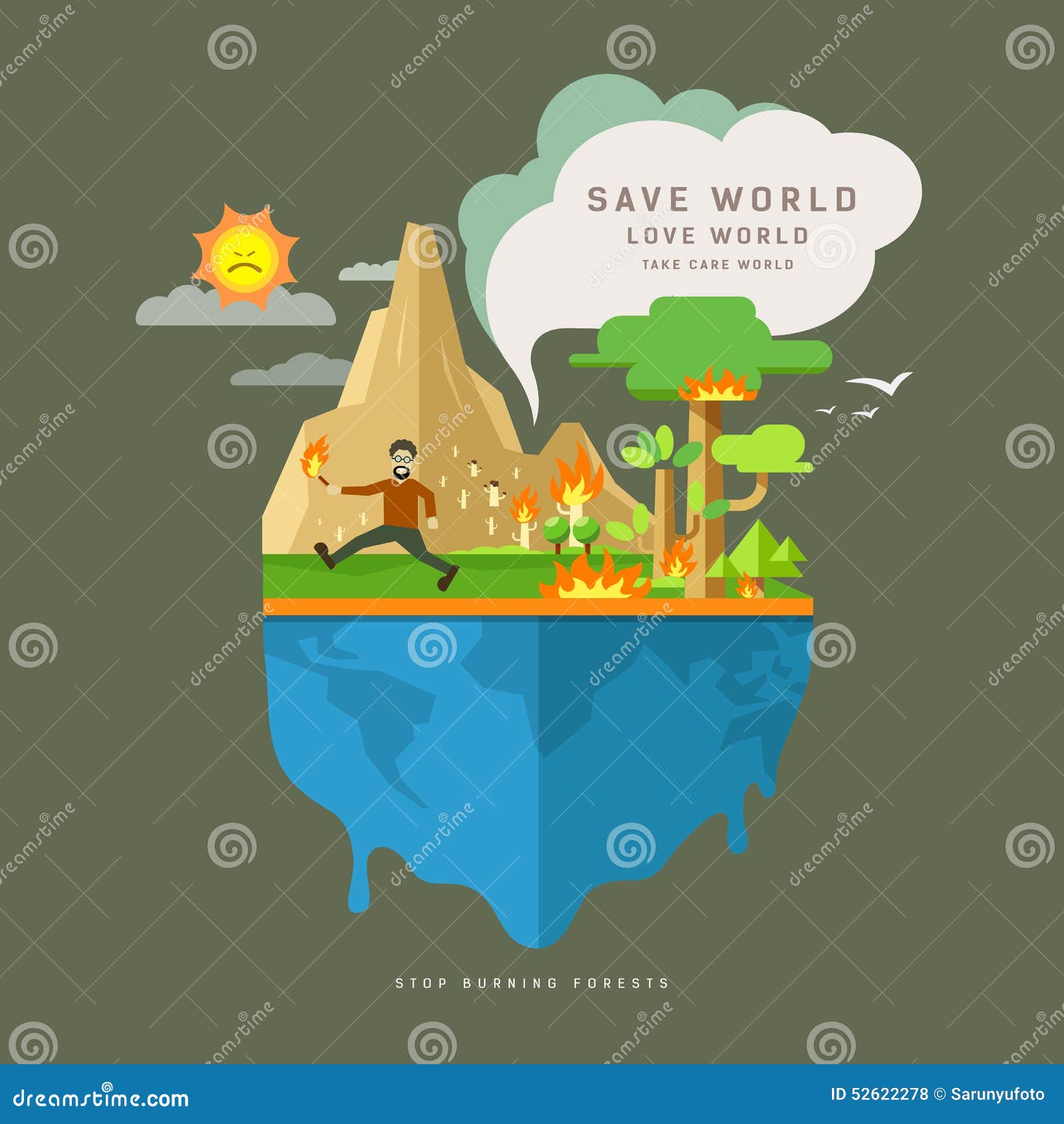 Stop Burning Forests On Globe, Flat Concept Design Vector Illustration ...