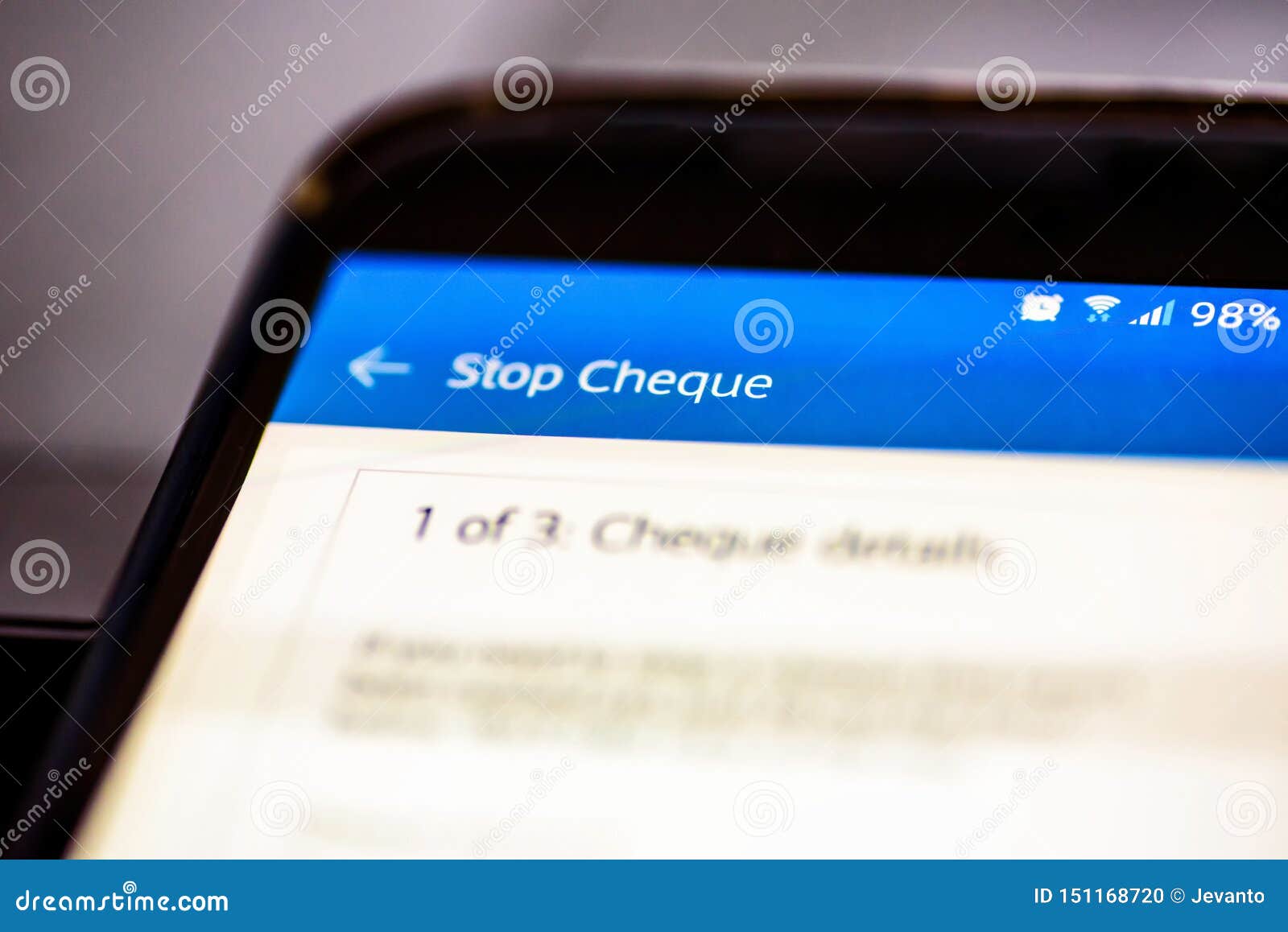 Stop a Cheque Button on Smartphone App Screen Closeup Stock Photo ...