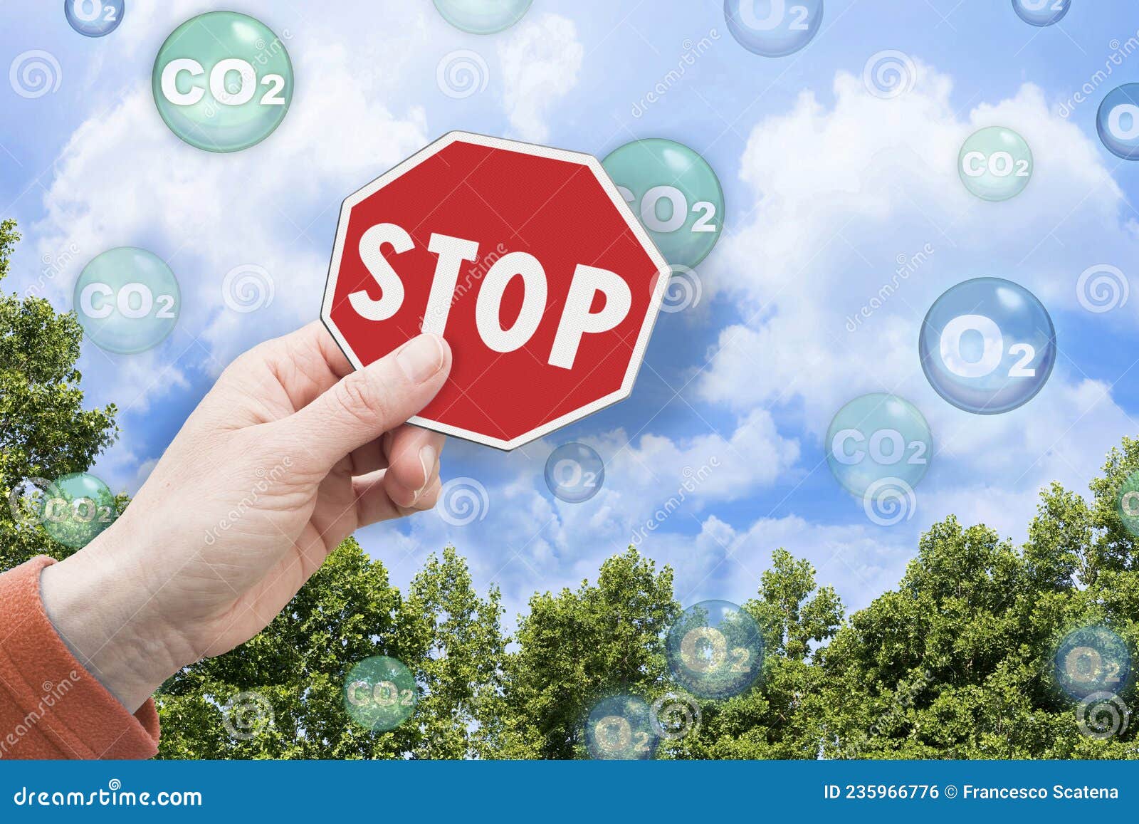 STOP CO2 Concept with Tree Canopy Against a Sky Background with Oxygen ...