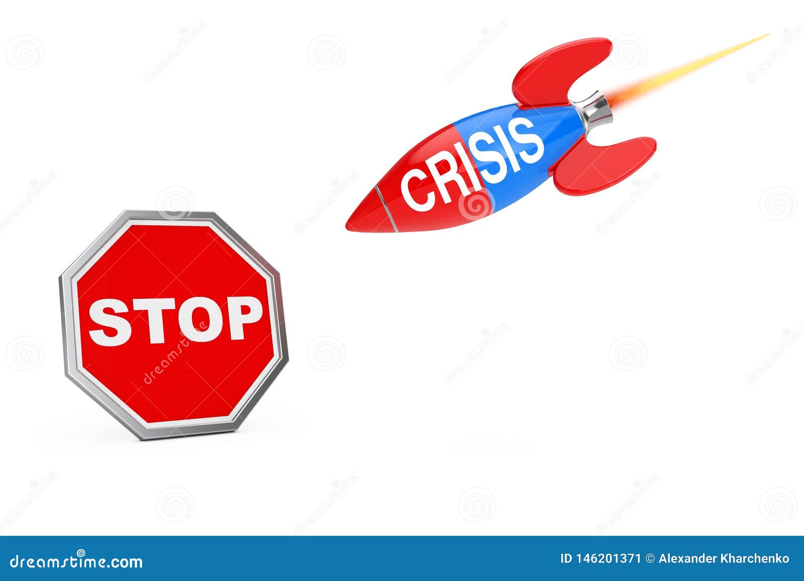 Stop Crisis Concept. Stop Sign Shield with Crisis Sign Rocket. 3d ...