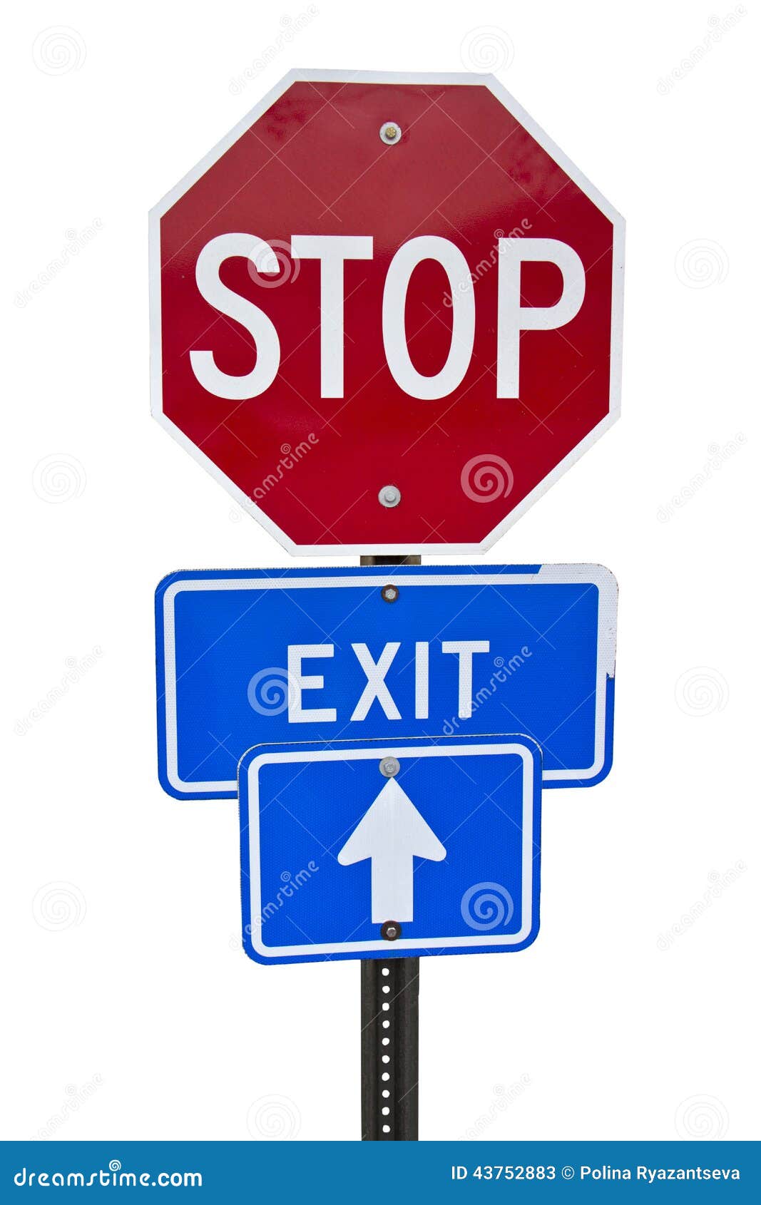 Stop, Exit and Arrow Road Signs on the Pole Isolated on White Stock ...