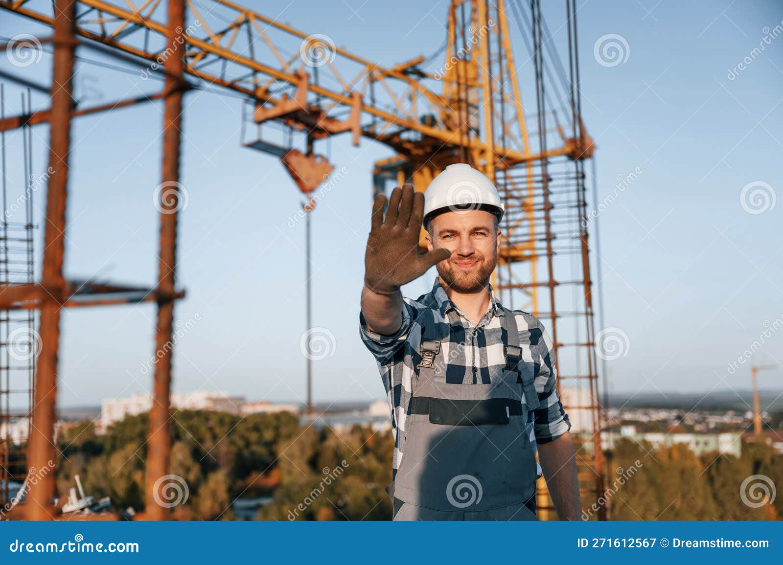 Stop Gesture by the Hand. Man is Working on the Construction Site at ...