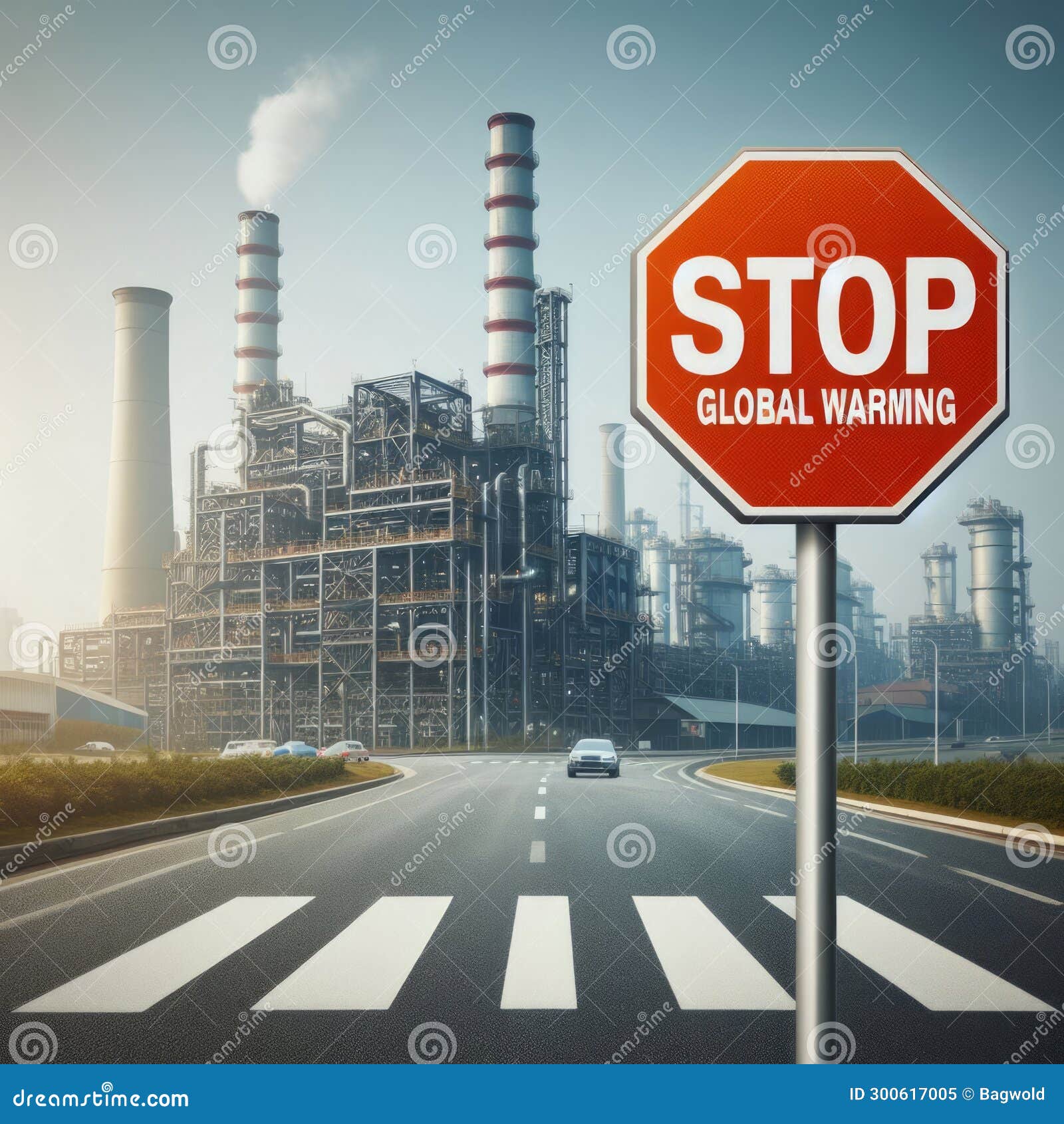 Stop Global Warming Sign with Industrial Processing Plant Background ...