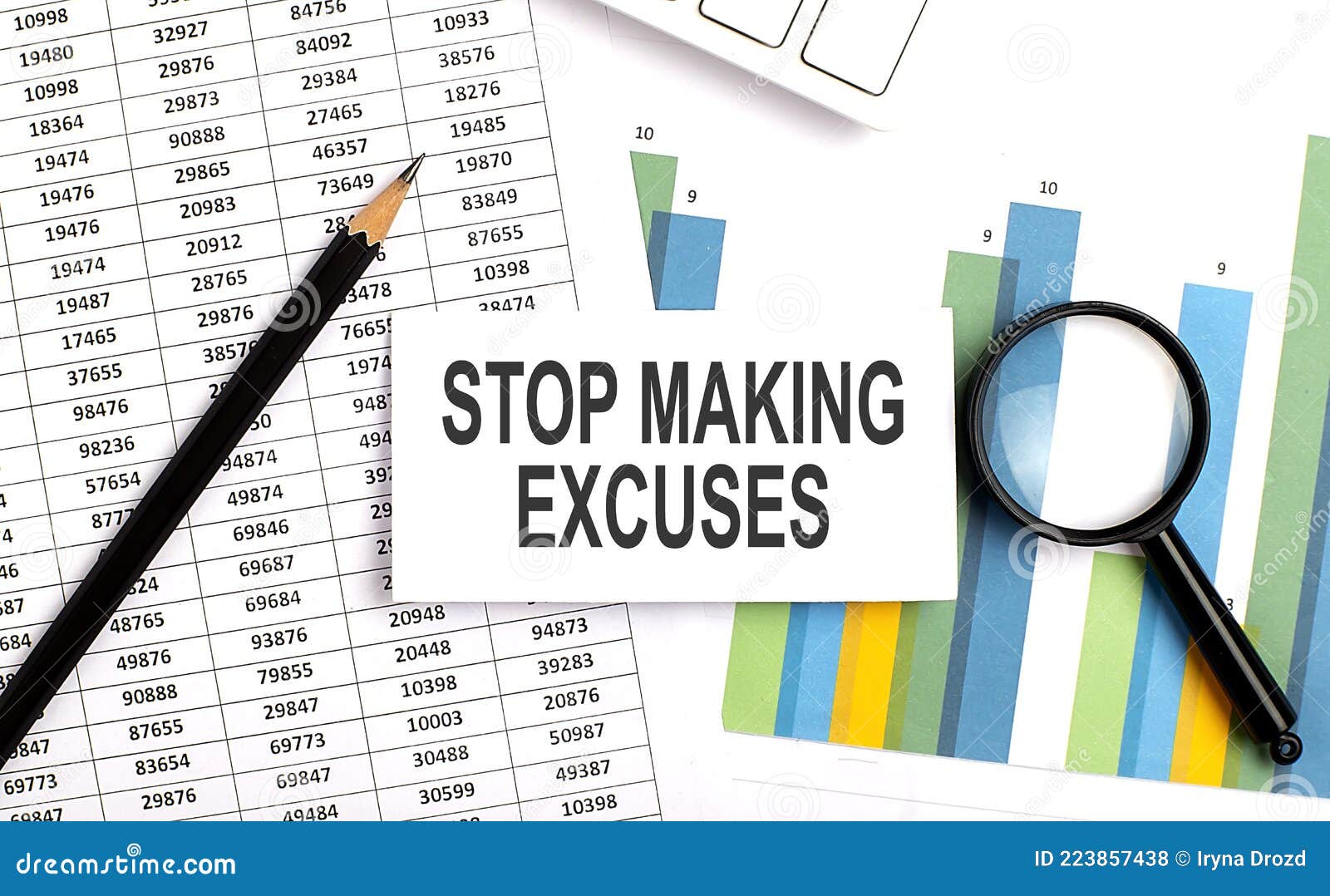 STOP MAKING EXCUSES Text on White Card on Chart Background Stock Photo ...