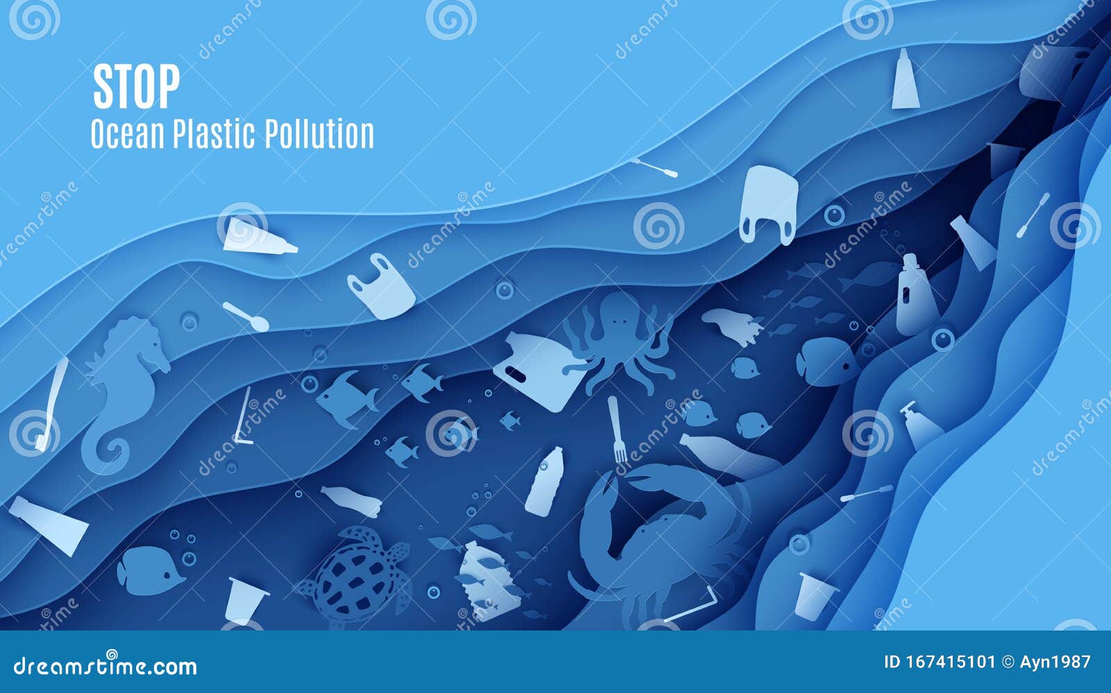 Stop Ocean Plastic Pollution Banner Design Template In Paper Cut Style