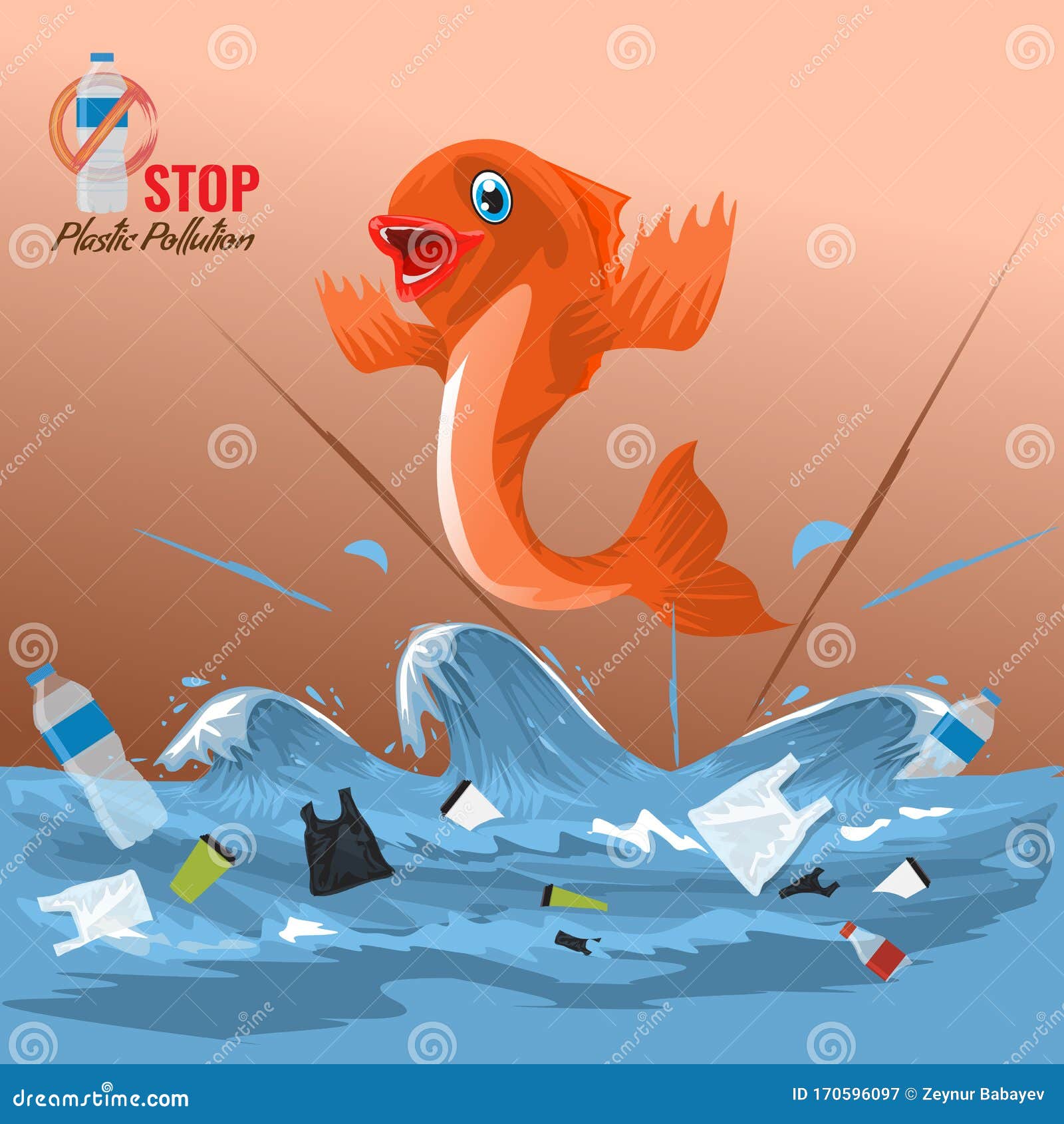Stop Ocean Plastic Pollution Concept with Fish Character. Plastic ...