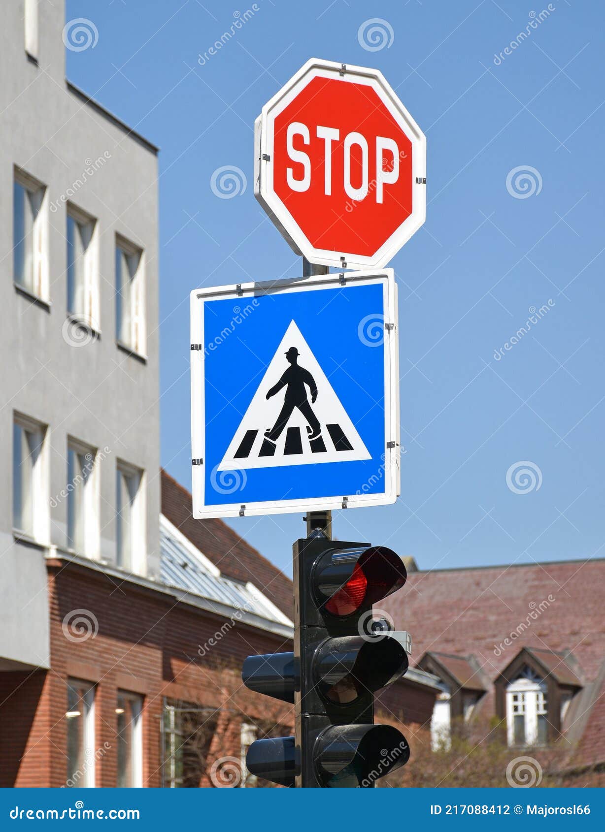 Stop and Pedestrian Crossing Traffic Signs Stock Photo - Image of road ...