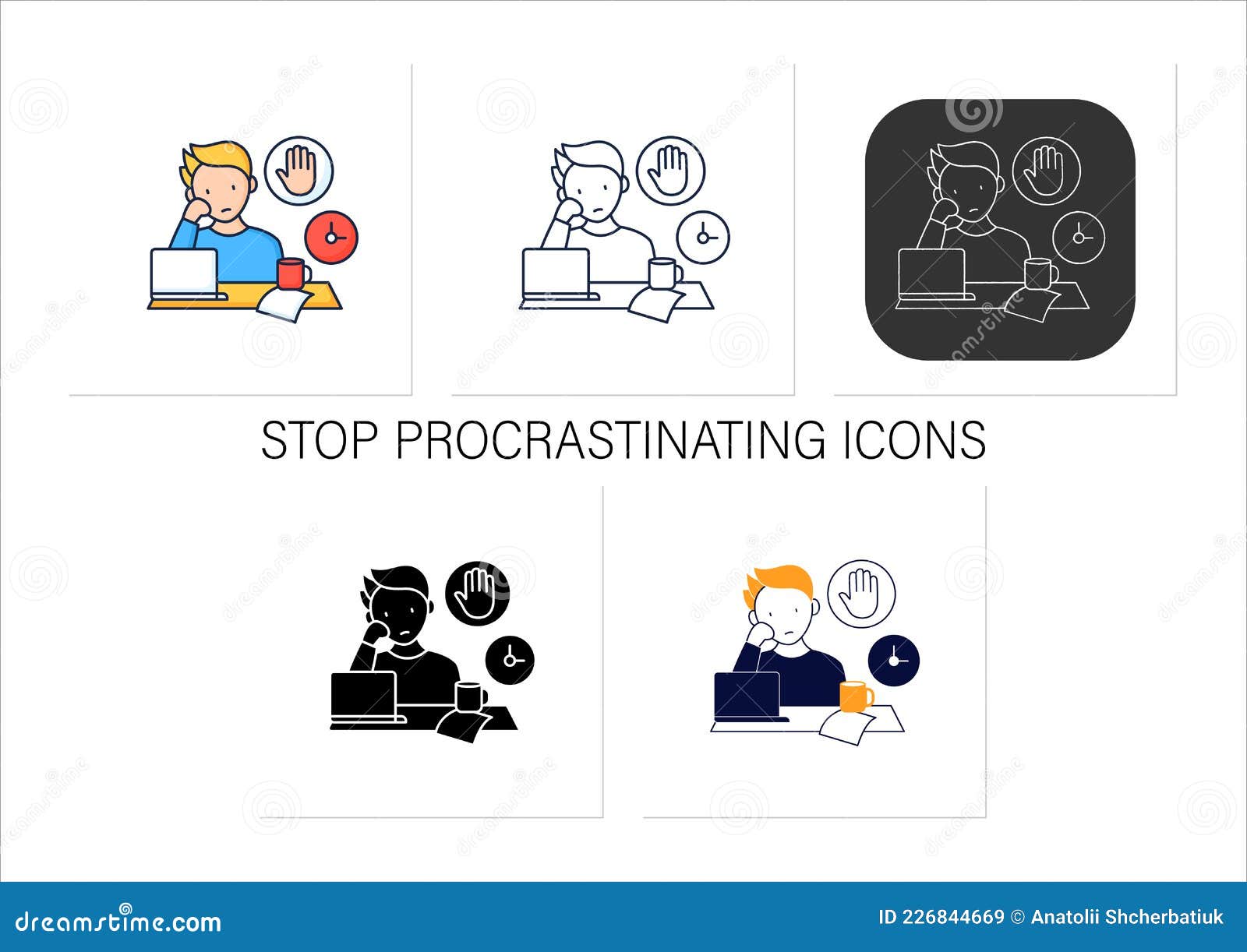 Stop Procrastinating Icons Set Stock Vector - Illustration of commit ...