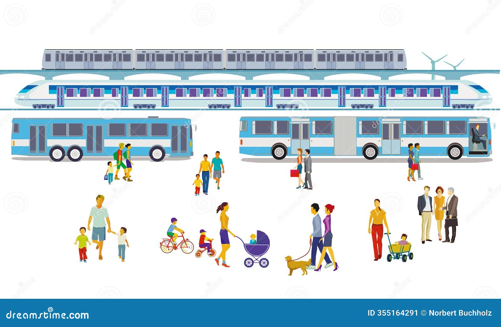 Stop With Rapid Transit, Elevated Train And Passengers, Illustration ...