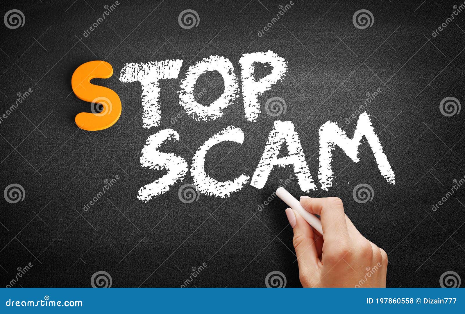 Stop Scam Text on Blackboard Stock Photo - Image of chalk, hand: 197860558
