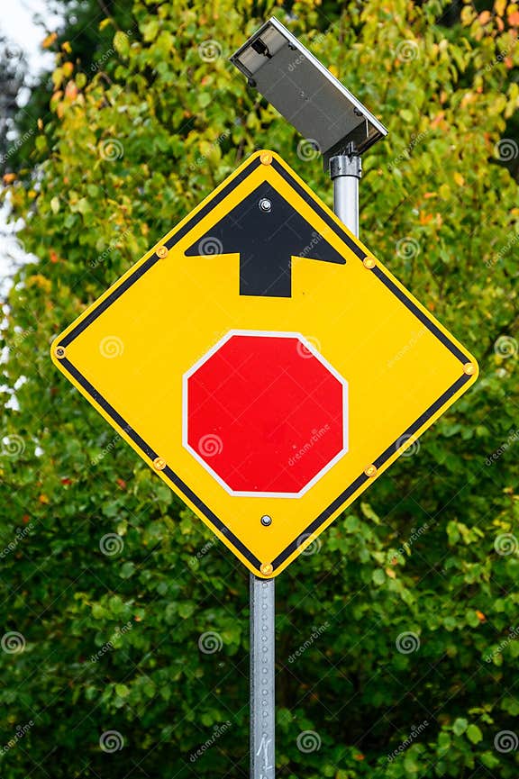 Stop Sign Ahead Sign with Flashing LED Lights Powered by a Solar Panel ...