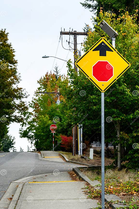 Stop Sign Ahead Sign with Flashing LED Lights Powered by a Solar Panel ...