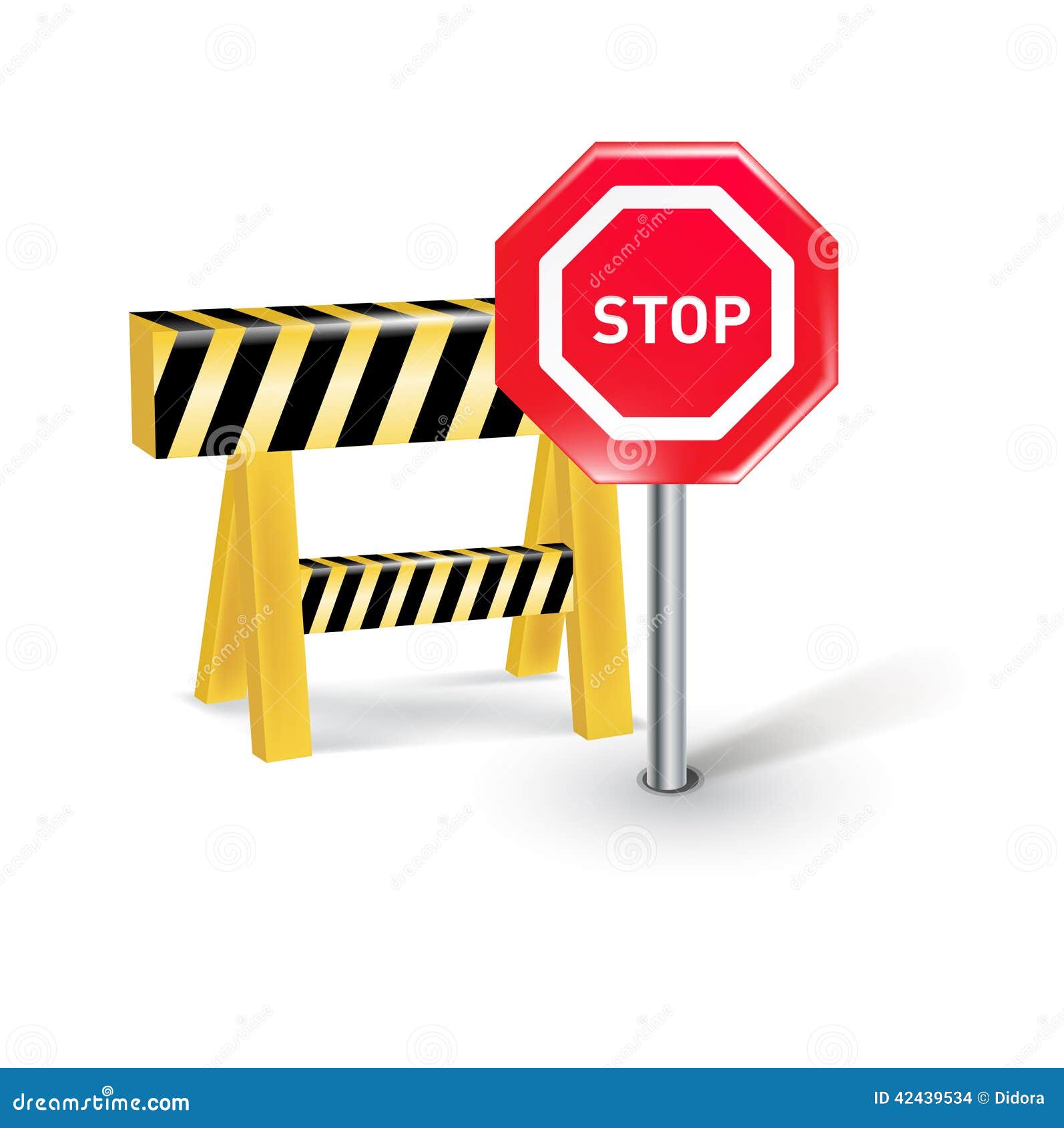 Stop Sign and Construction Barrier Isolated on White Stock Vector ...