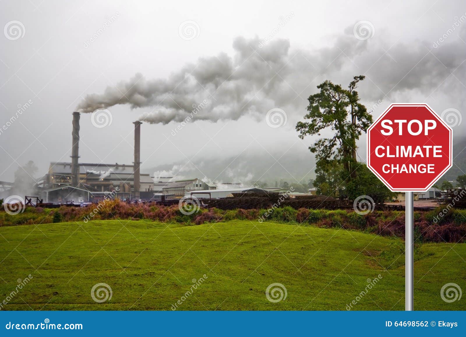 Stop Sign Climate Change. Factory Emitting Smoke Pollution Stock Photo ...