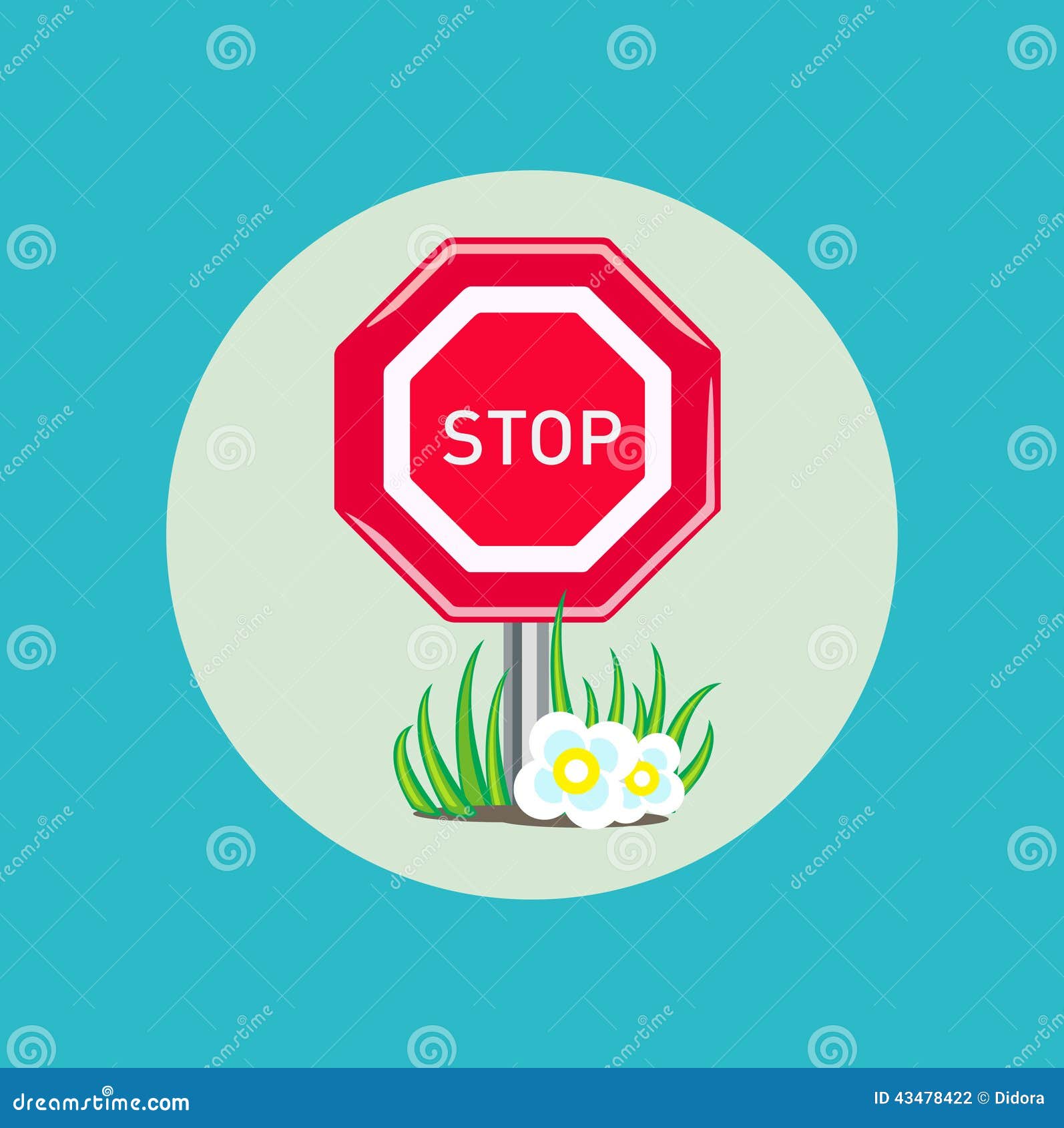 Stop Sign with Grass and Flowers Flat Design Stock Vector ...