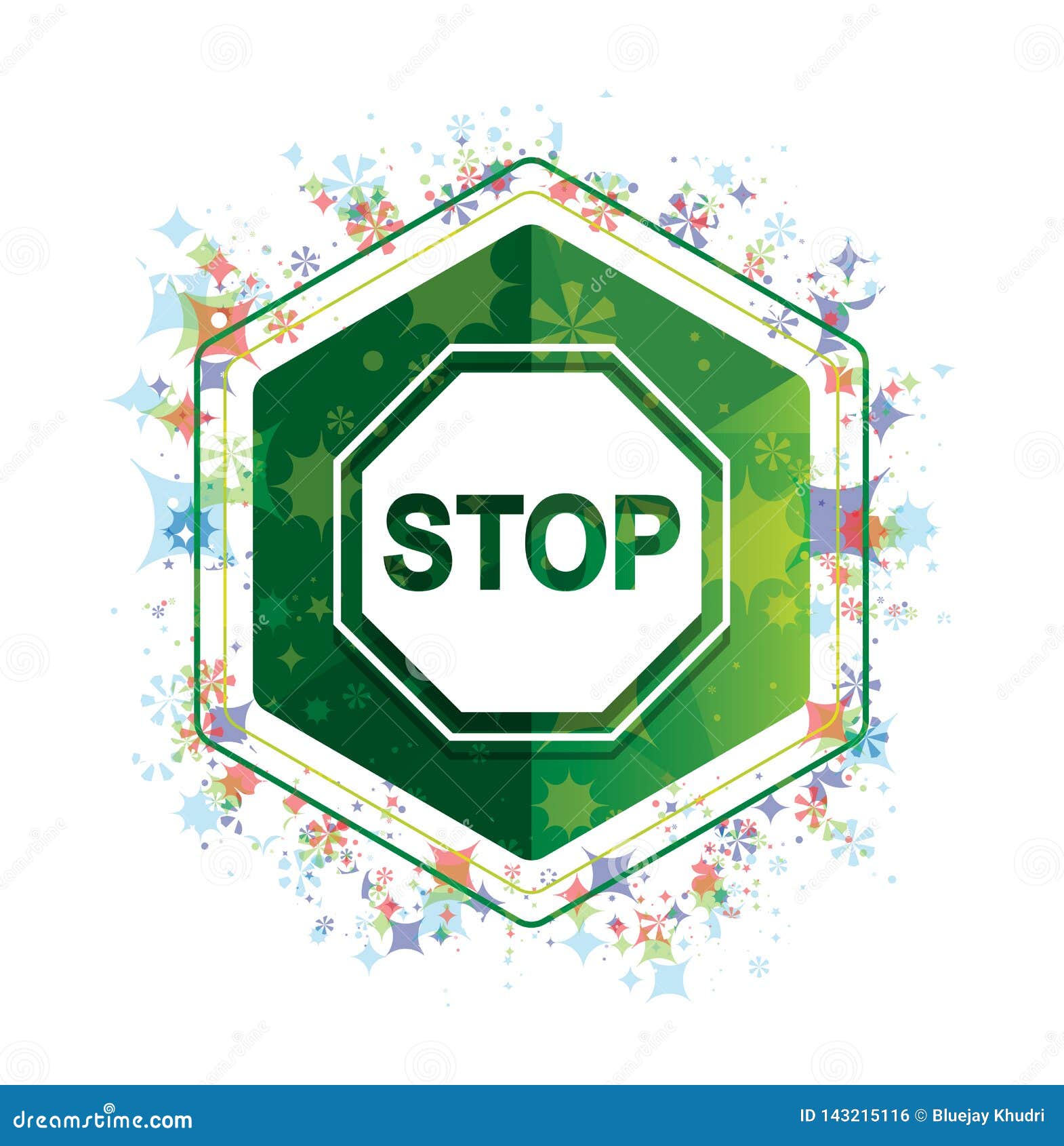 Stop Sign Icon Floral Plants Pattern Green Hexagon Button Stock ...