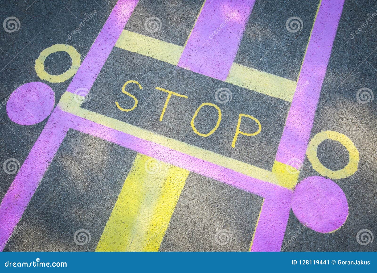 Stop sign painted on road stock image. Image of lines - 128119441