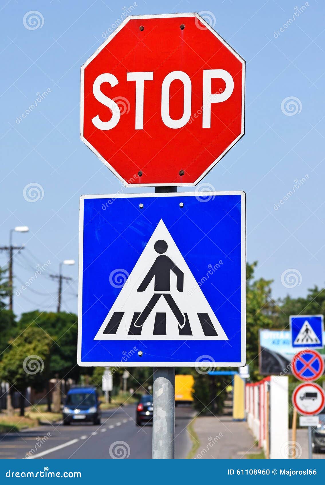 Stop Sign at the Pedestrian Crossing Stock Photo - Image of city, blue ...