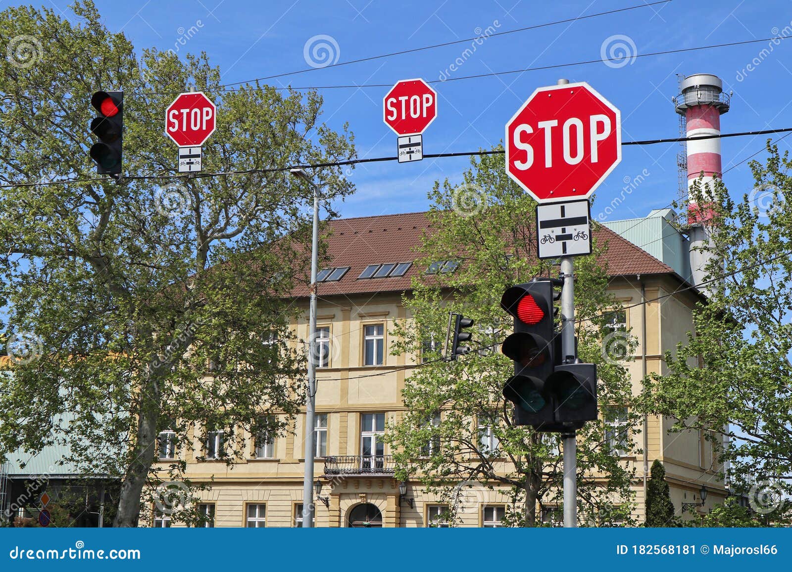 Stop Signs and Red Traffic Lights Stock Image - Image of road, clear ...
