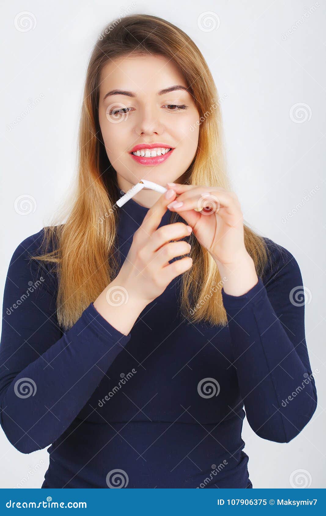 Stop Smoking. Beautiful Woman Breaking Cigarette in Half Stock Image ...