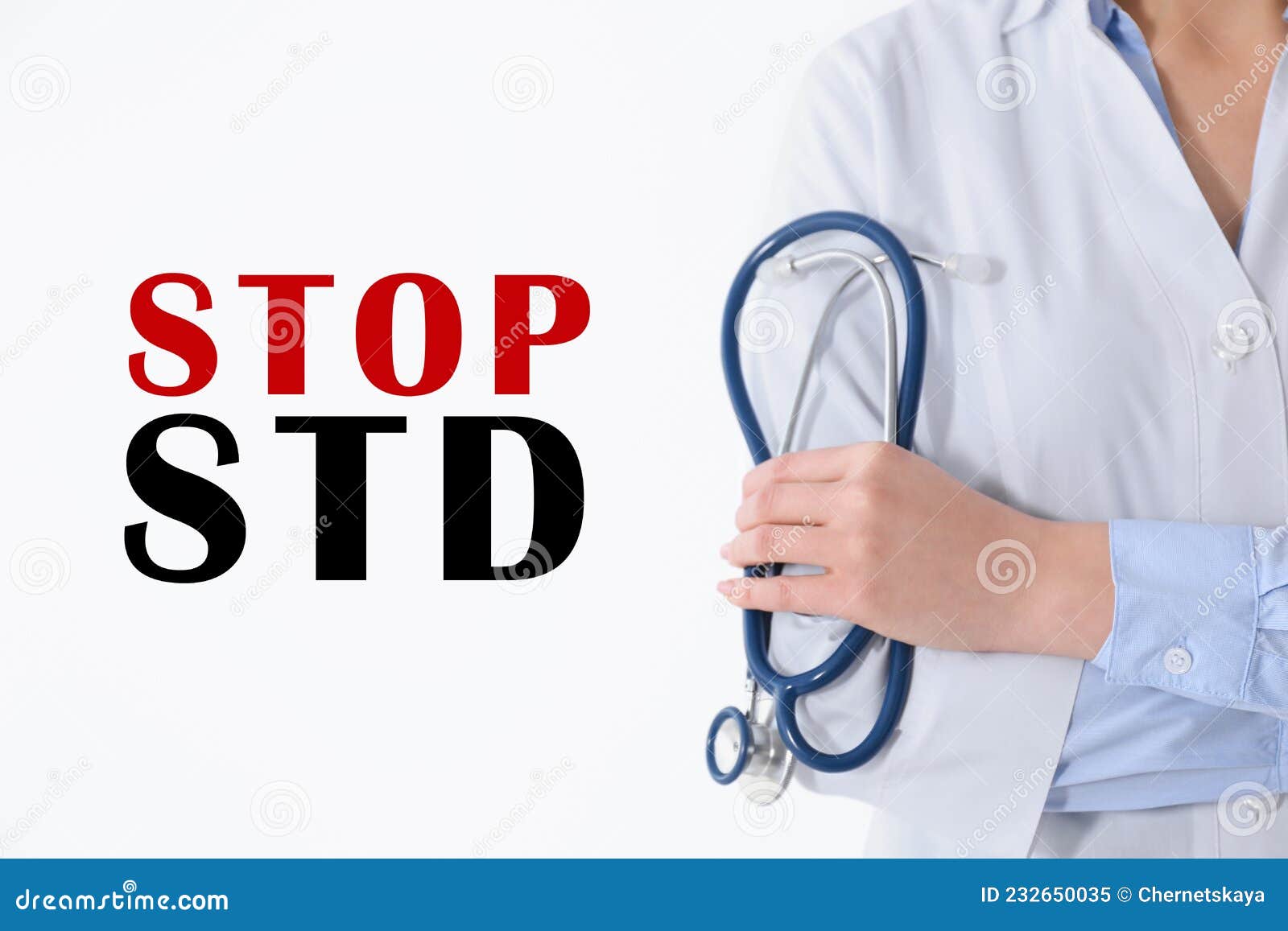 STOP STD. Doctor with Stethoscope on White Background, Closeup Stock ...