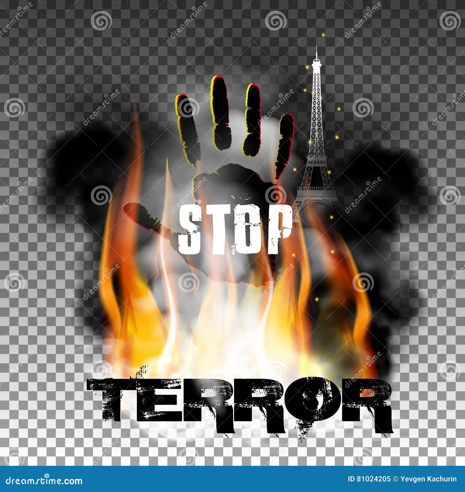 Stop Terror Hand In The Fire Smoke Eiffel Tower Cartoon Vector ...