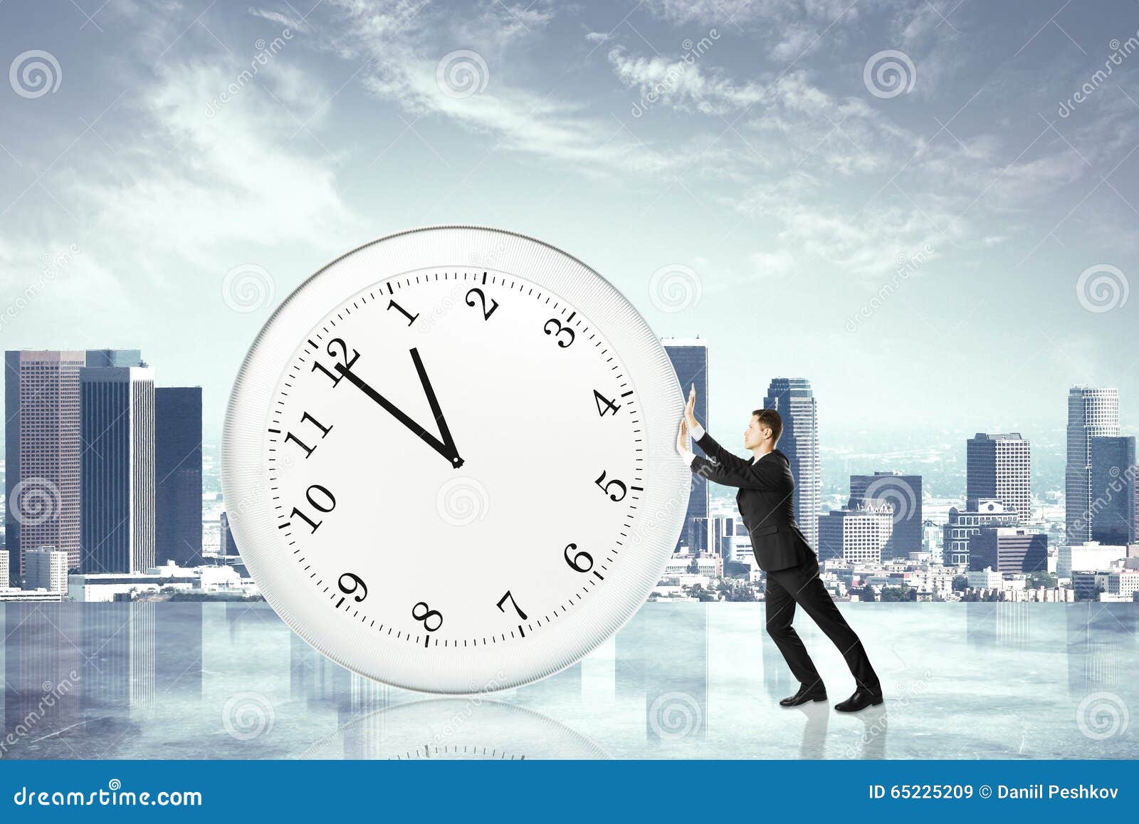 Stop Timing Concept with Businessman Pushing Big Clock at City B Stock ...