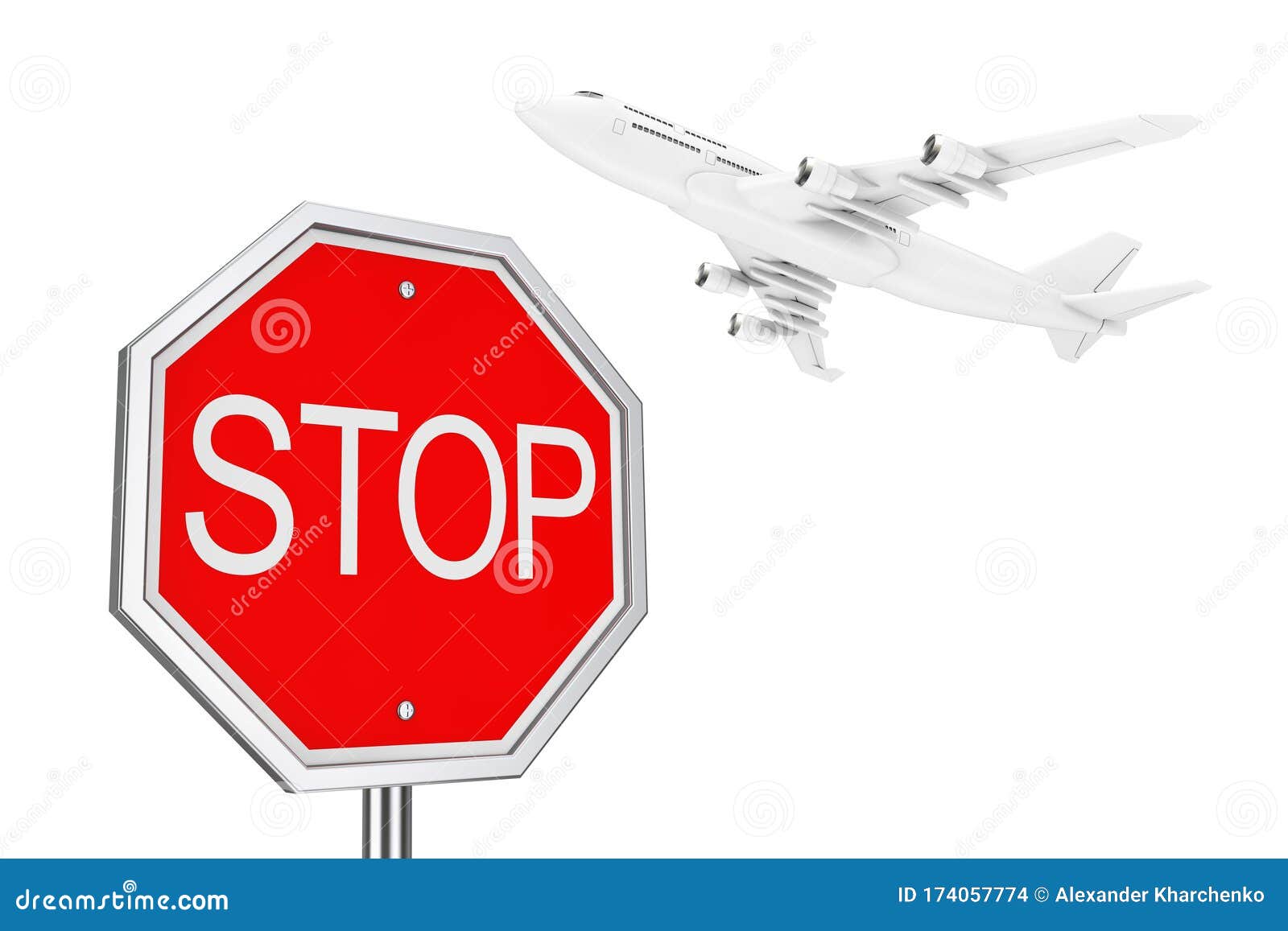 Stop Traffic Sign with White Jet Passenger`s Airplane. 3d Rendering ...
