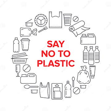 Stop Using Plastic Circle Template with Flat Line Icons. Polyethylene ...