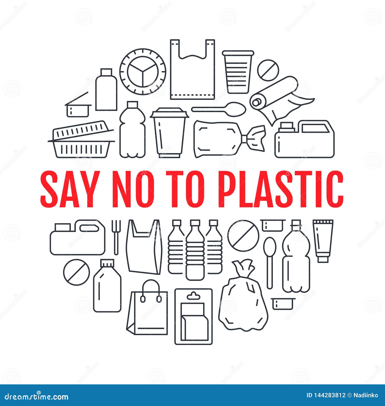 Stop Using Plastic Circle Template with Flat Line Icons. Polyethylene ...