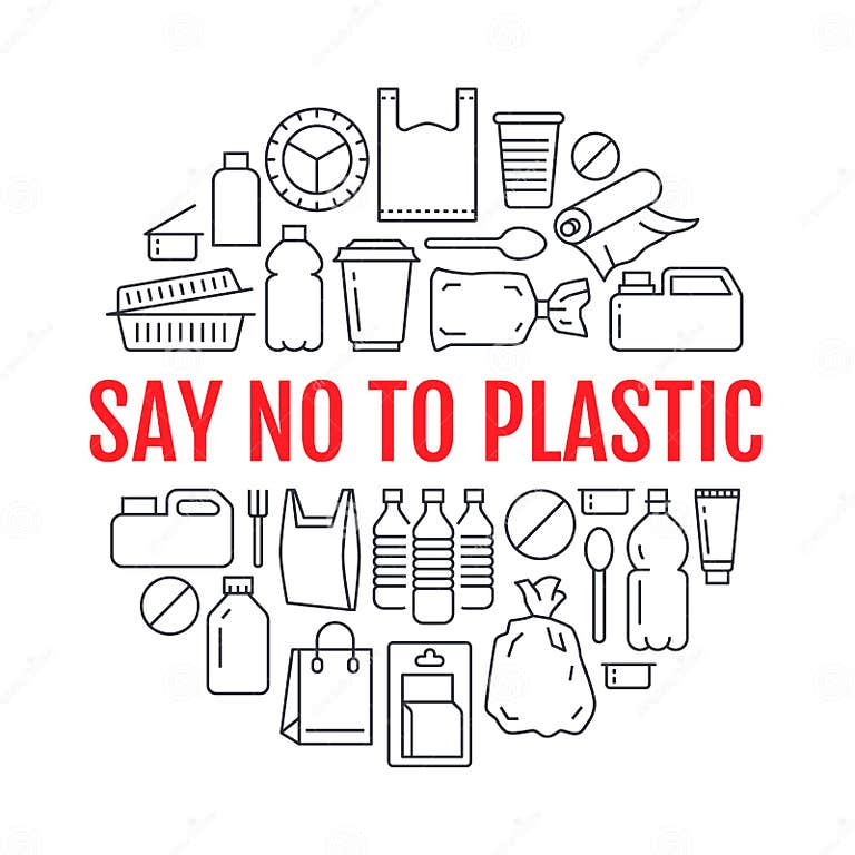 Stop Using Plastic Circle Template with Flat Line Icons. Polyethylene ...