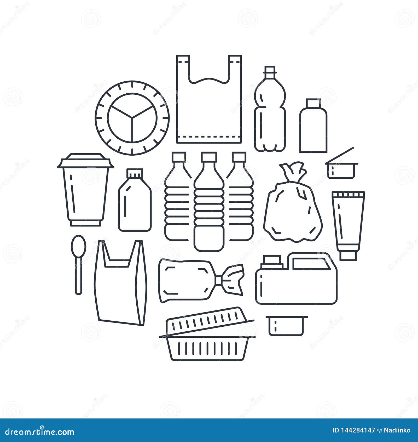 Stop Using Plastic Circle Template With Flat Line Icons. Polyethylene ...