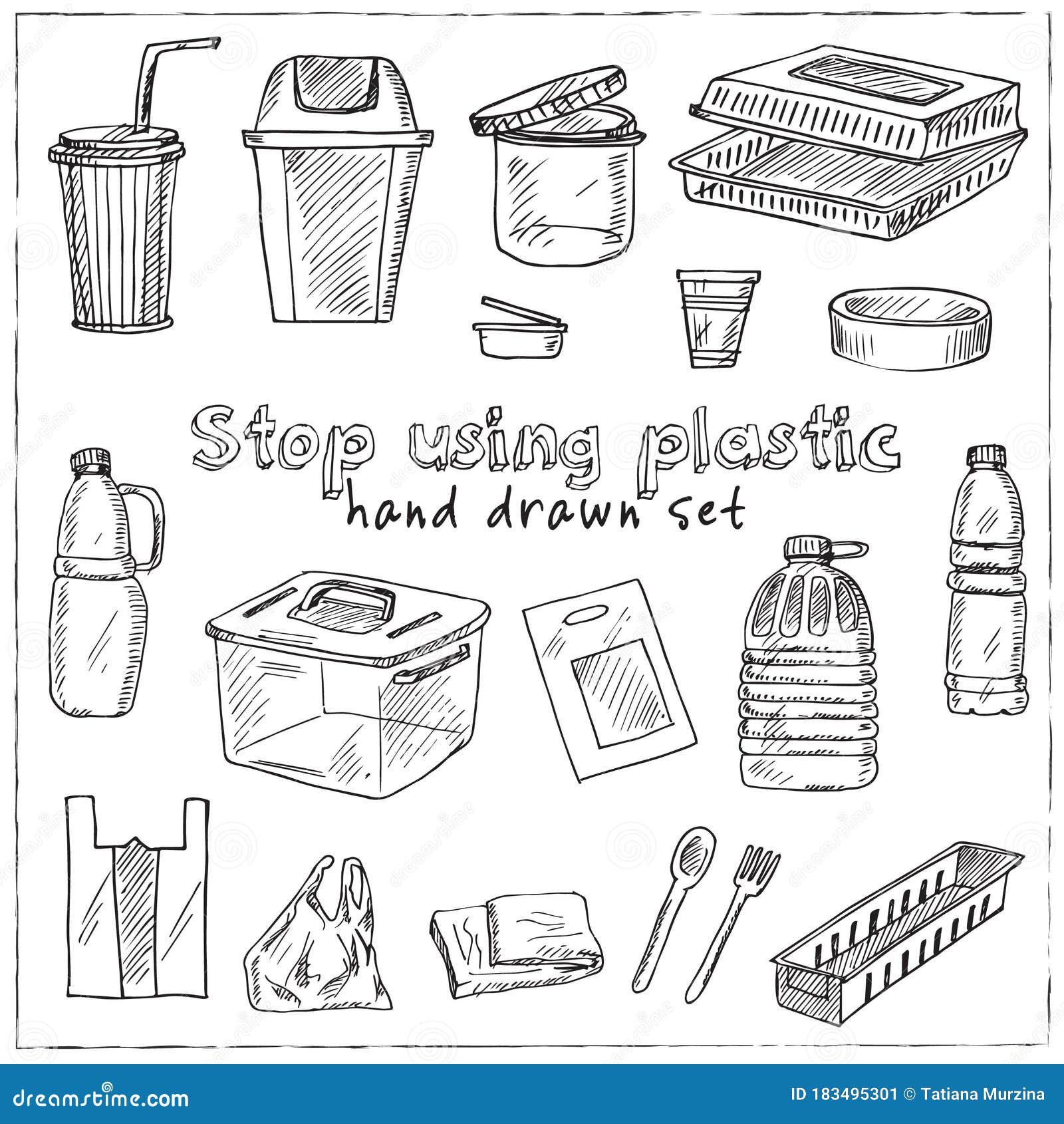 Stop Using Plastic Hand Drawn Doodle Set. Isolated Elements on White ...