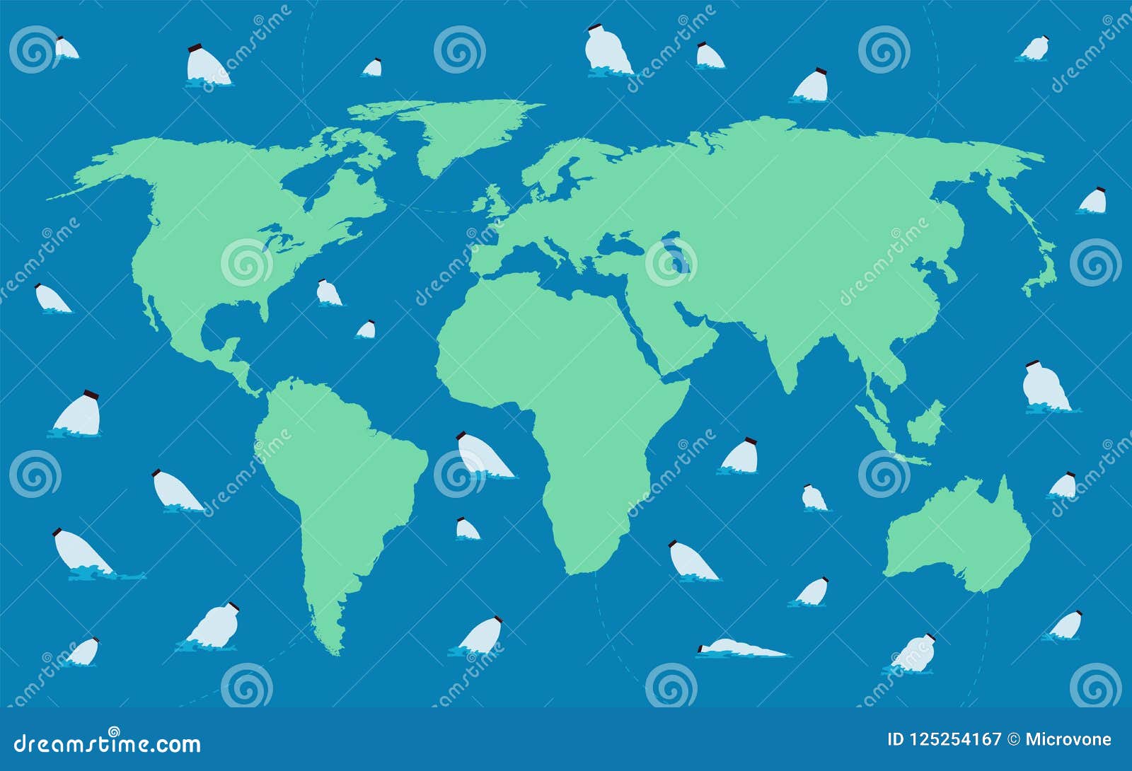 Stop World Ocean Pollution. Earth Map with Plastic Bottles Floating in ...
