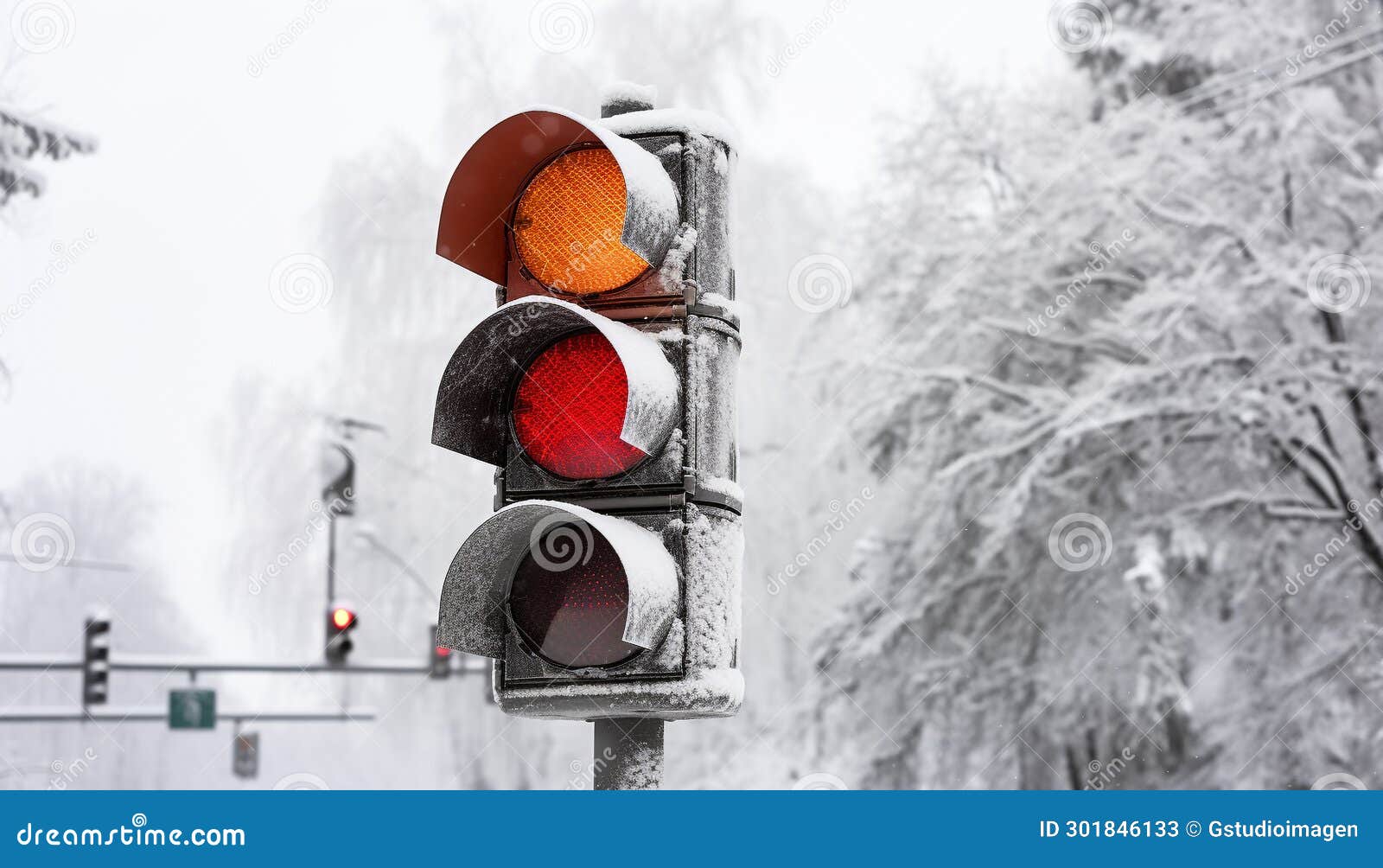Stoplight Controls Traffic at Snowy Road Intersection Generated by AI ...