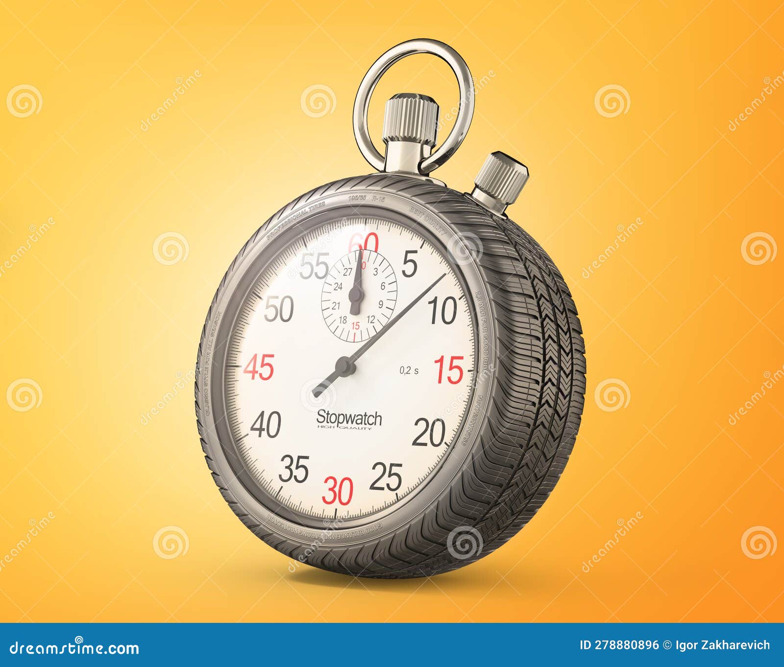 Stopwatch in Form of Car Wheel on a Yellow Background. 3d Illustration ...