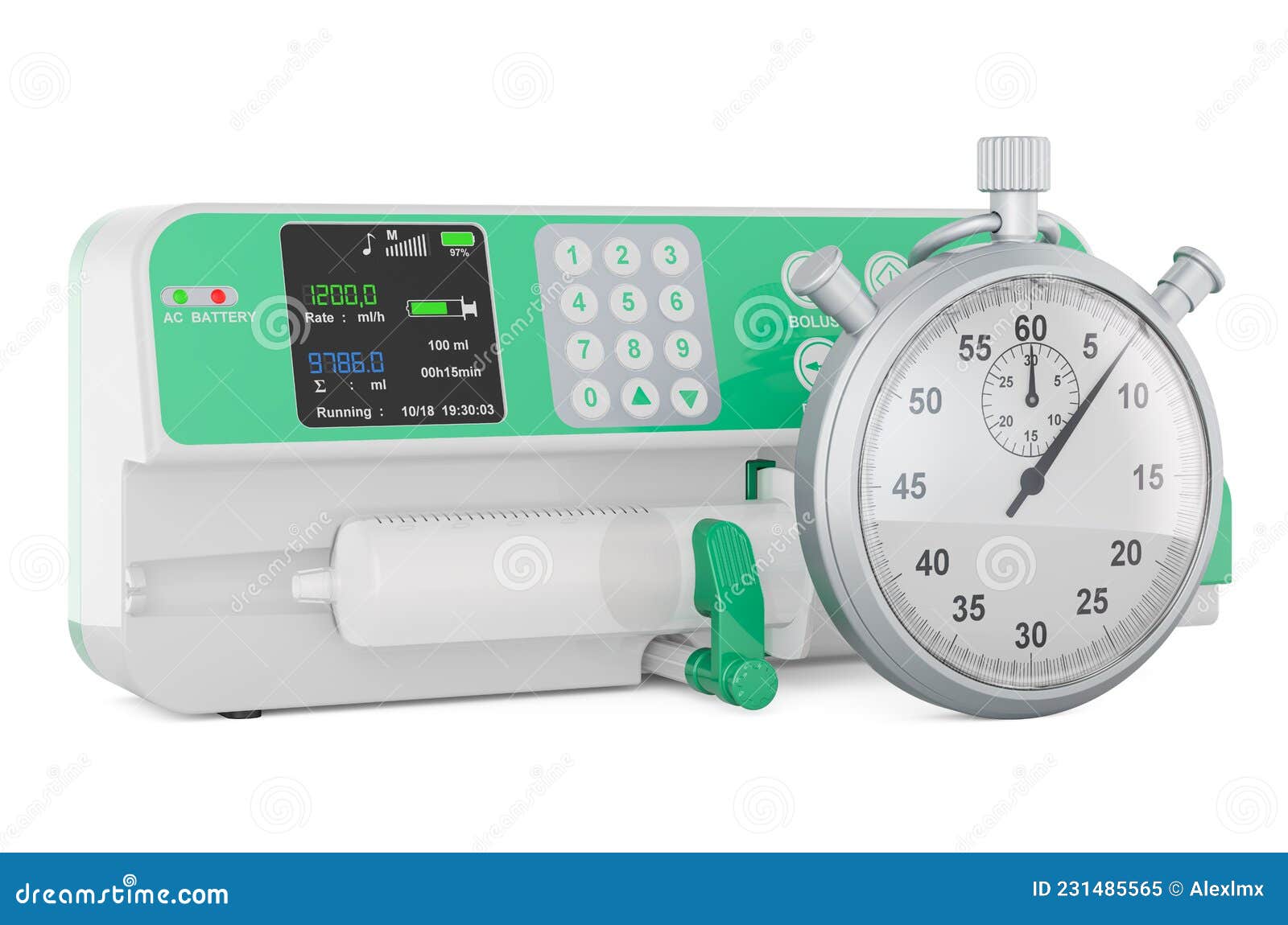 Stopwatch with Syringe Infusion Pump, 3D Rendering Stock Illustration ...