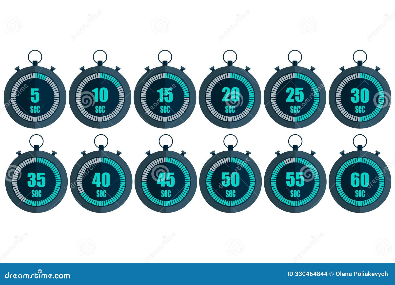 Stopwatches Showing Seconds. Five To Sixty Seconds. Blue and Black ...