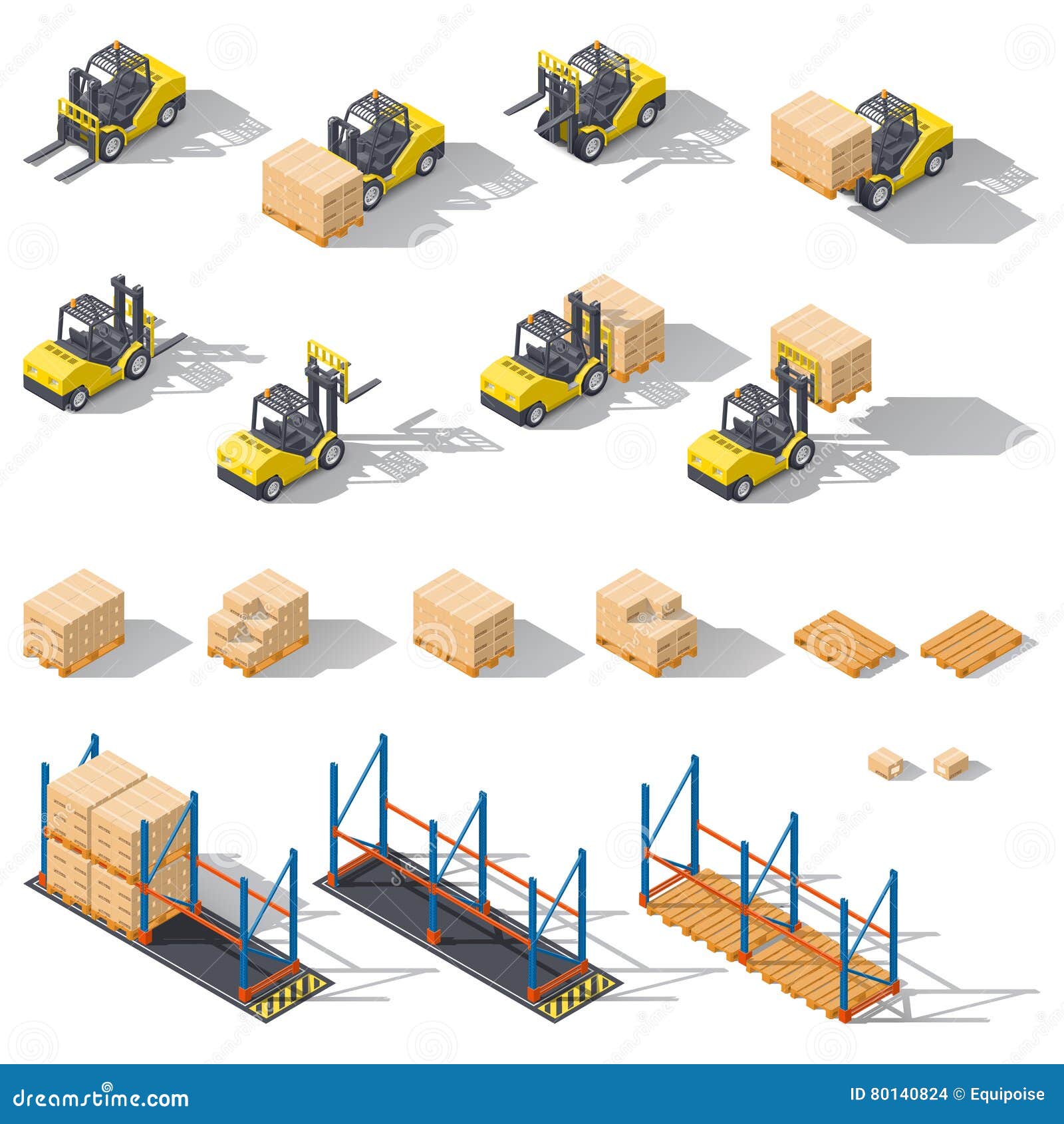 Storage Equipment Isometric Icon Set. Presented Forklifts in Various ...