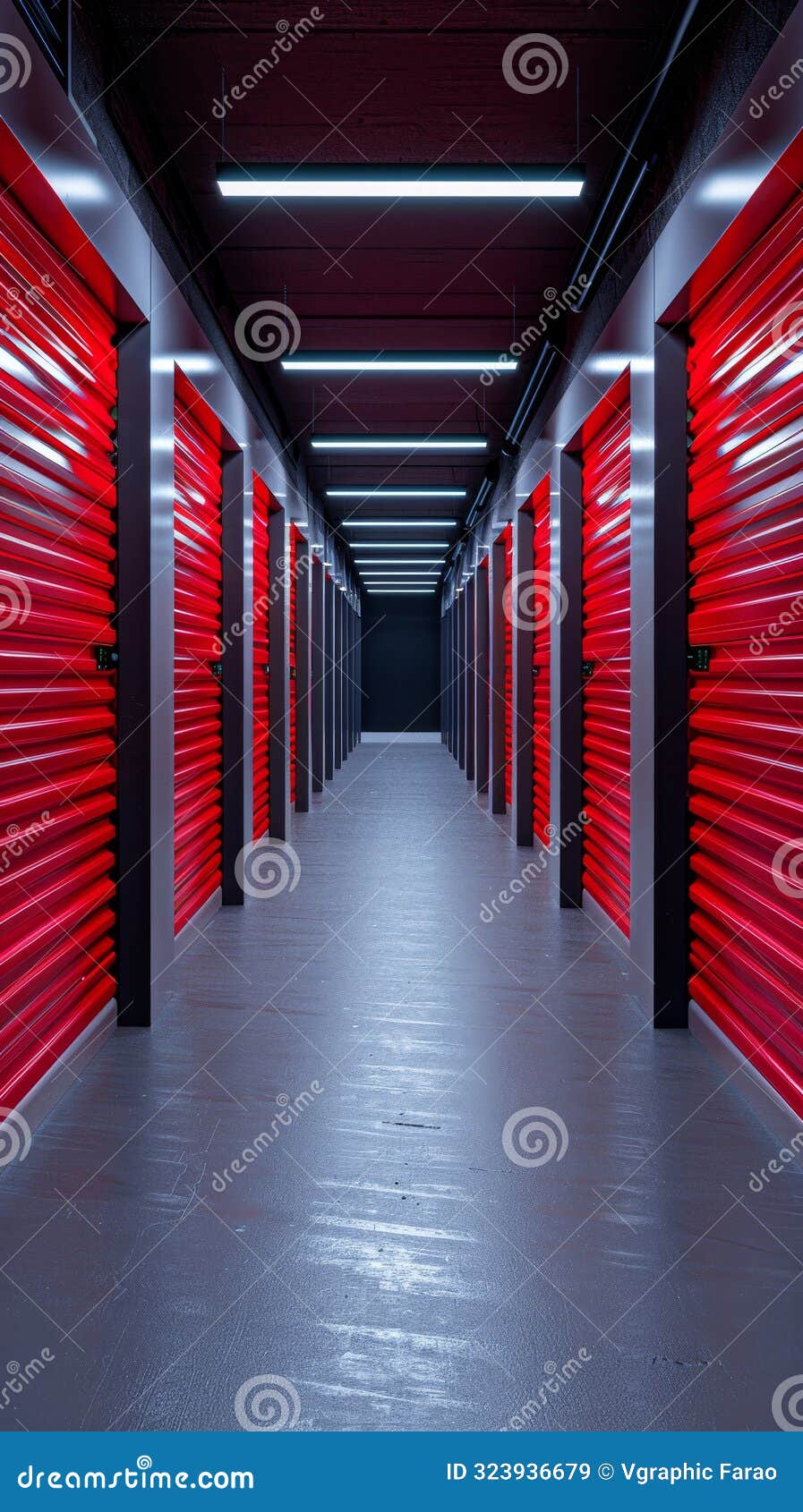 Storage Facility Corridor with Red Shutters and Neon Lighting ...