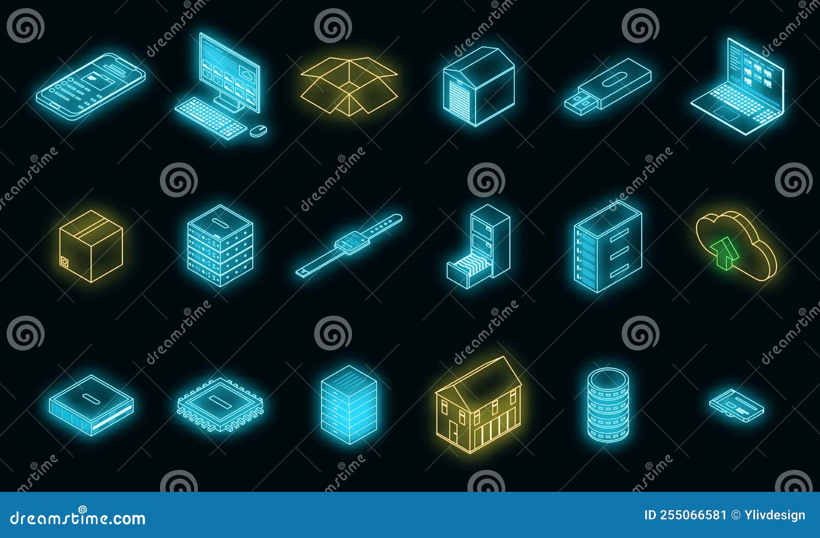 Storage Icons Set Vector Neon Stock Vector - Illustration of archives ...