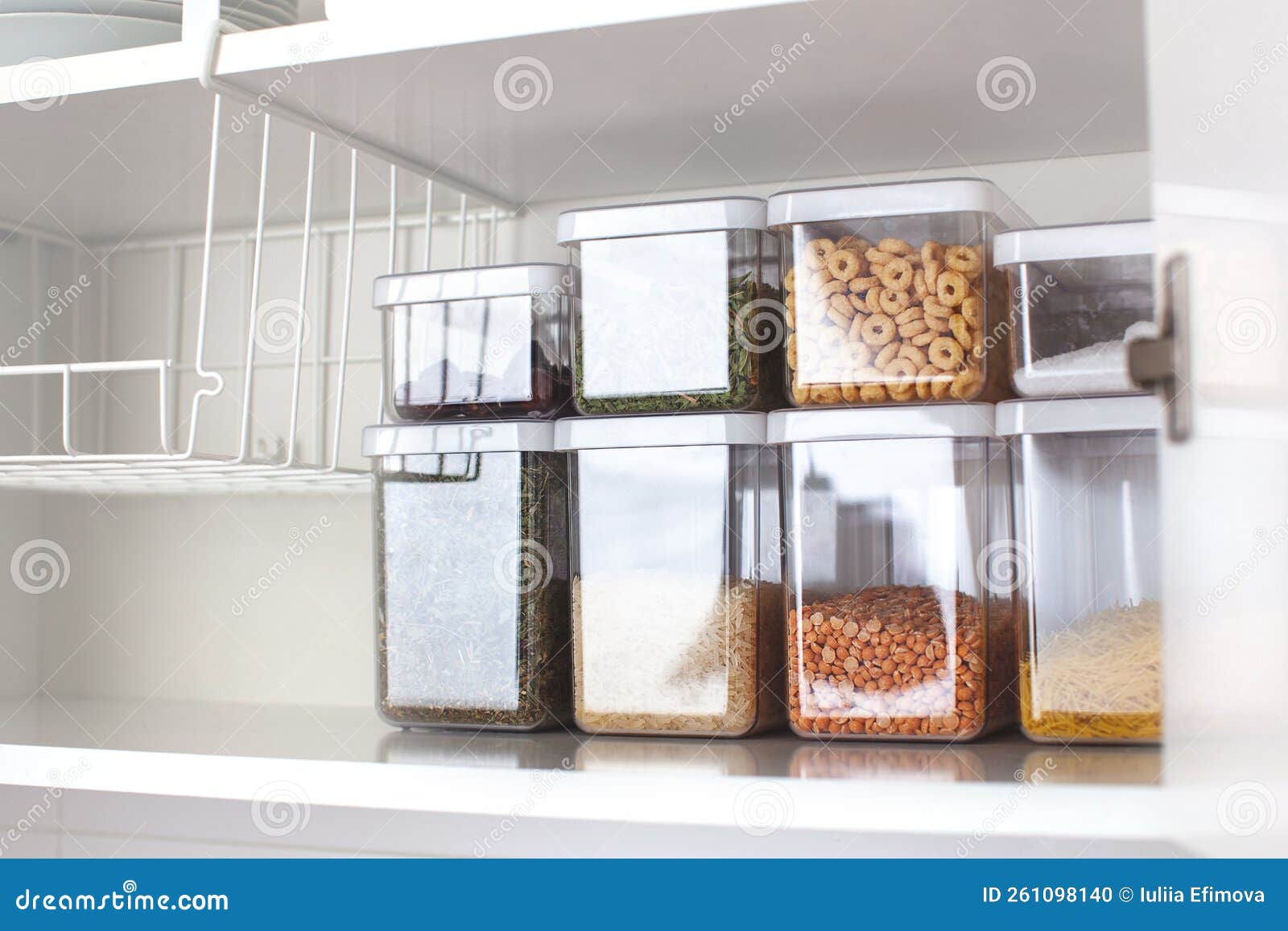 Storage Ideas in the Kitchen. White Box and Basket. Shelf Order System ...
