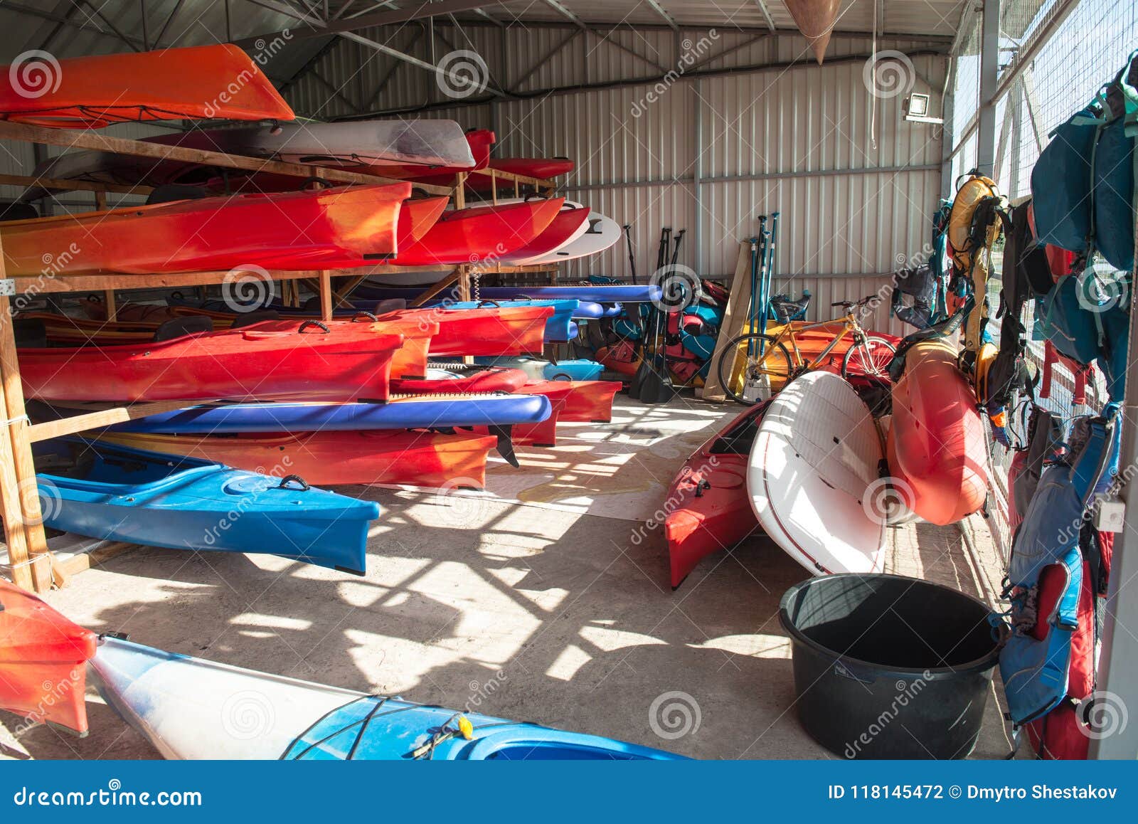 Storage of Kayaks and Boats in Hangar Stock Photo - Image of motion ...