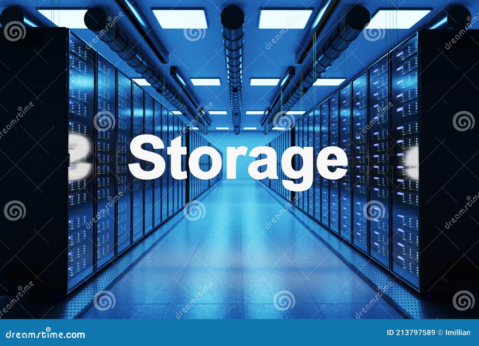 Storage Logo in Large Modern Data Center with Multiple Rows of Network ...