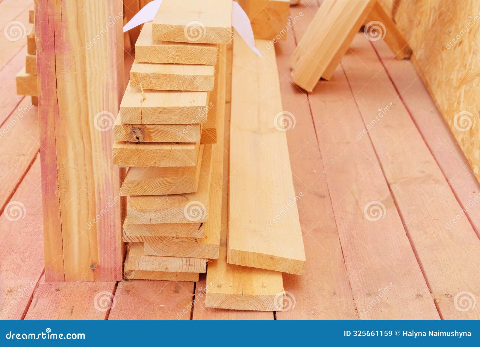 Storage of New Wooden Planks. Wooden Planks on Construction Site ...