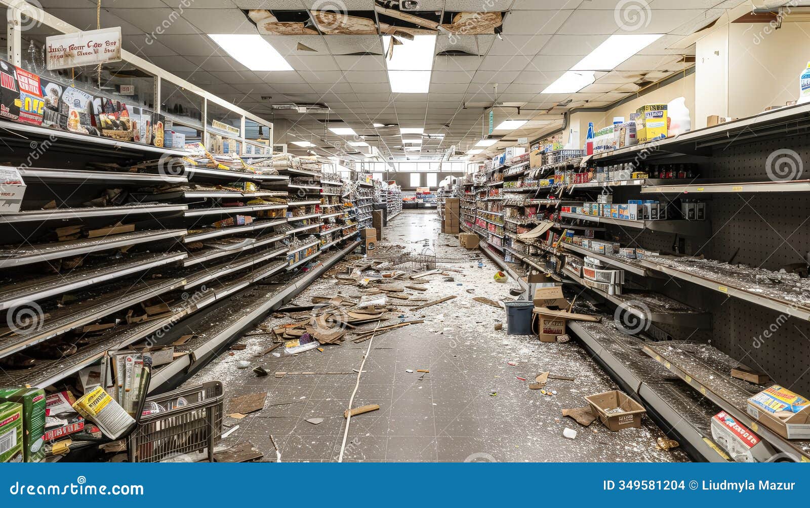 Store Aisle with a Lot of Broken Glass and Debris. Stock Illustration ...