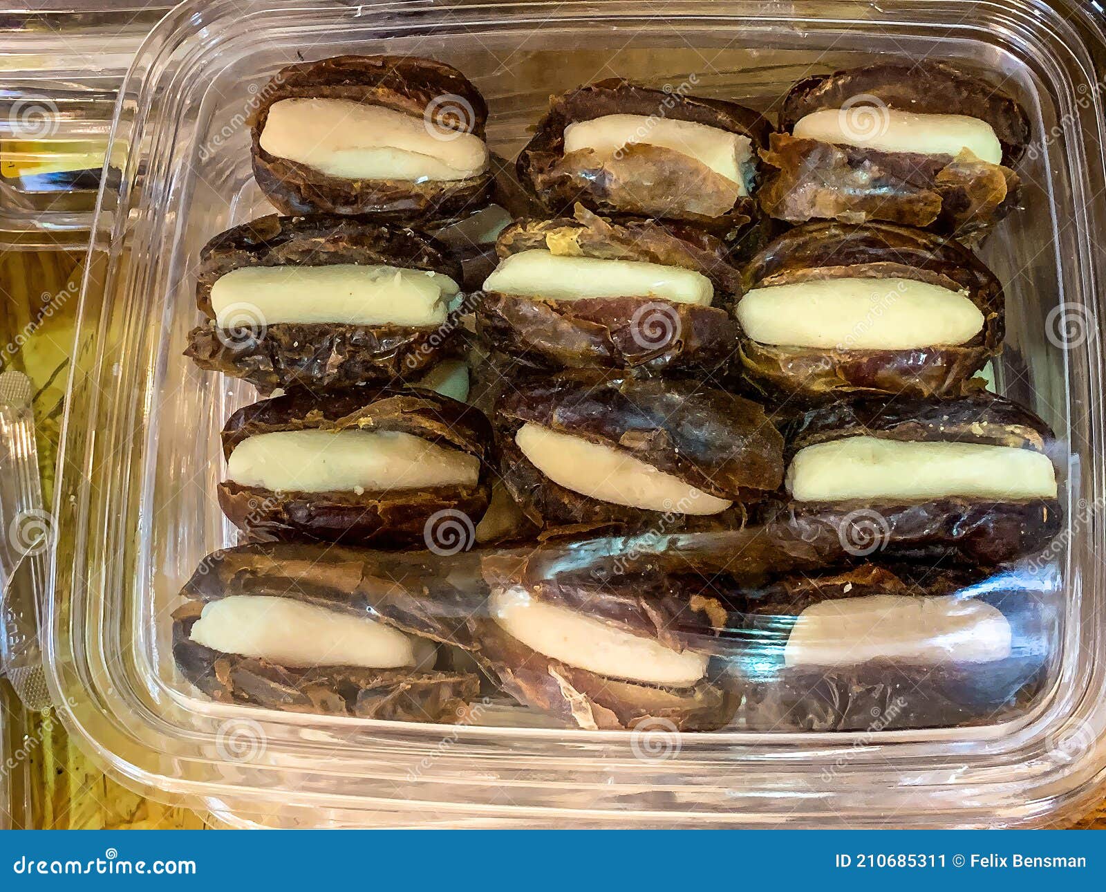 Store-bought Plastic Box with Stuffed Dates Stock Image - Image of ...